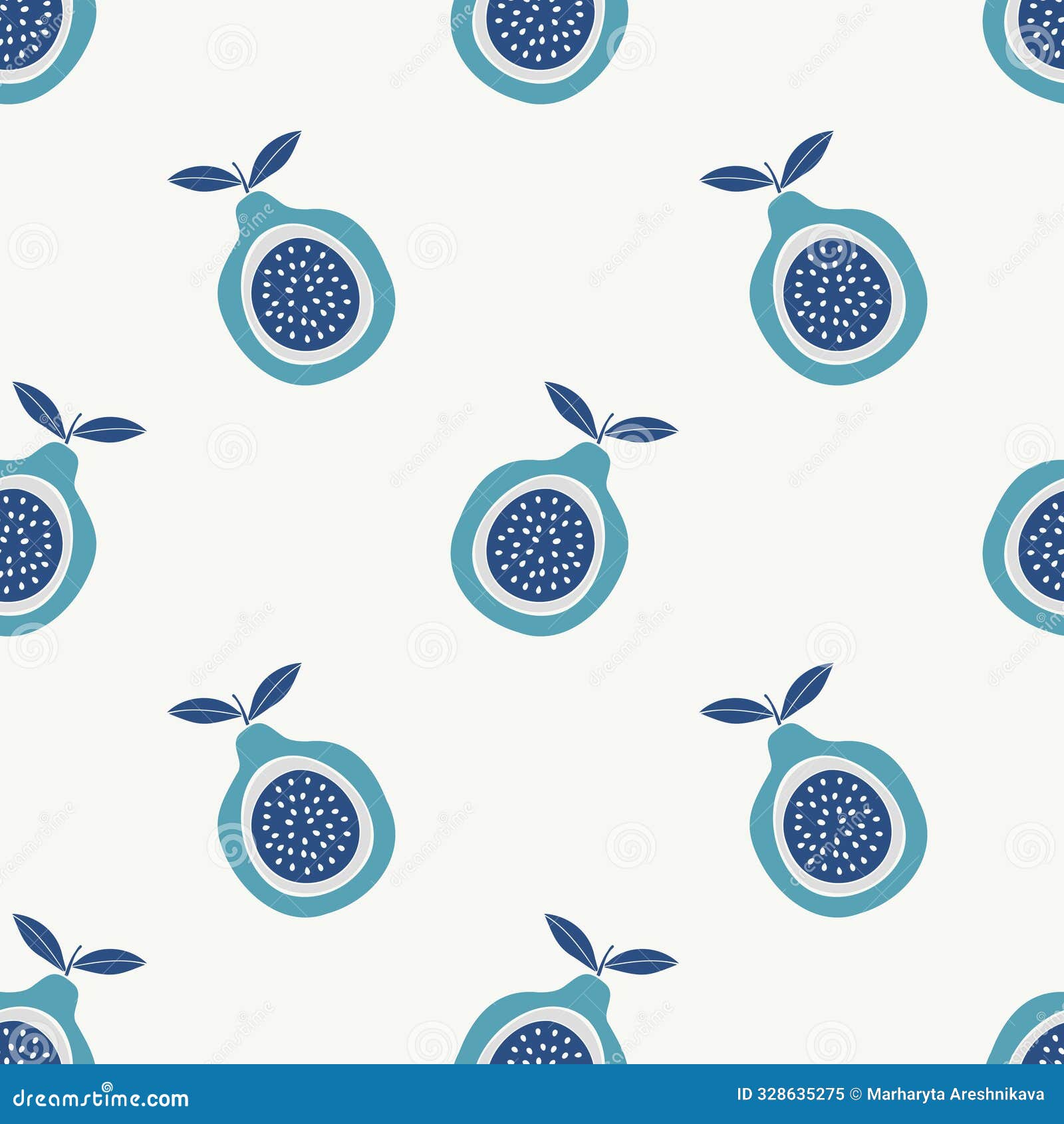 Passion Blue Fruit Pattern, with Leaves, Stylized Drawing in Boho ...