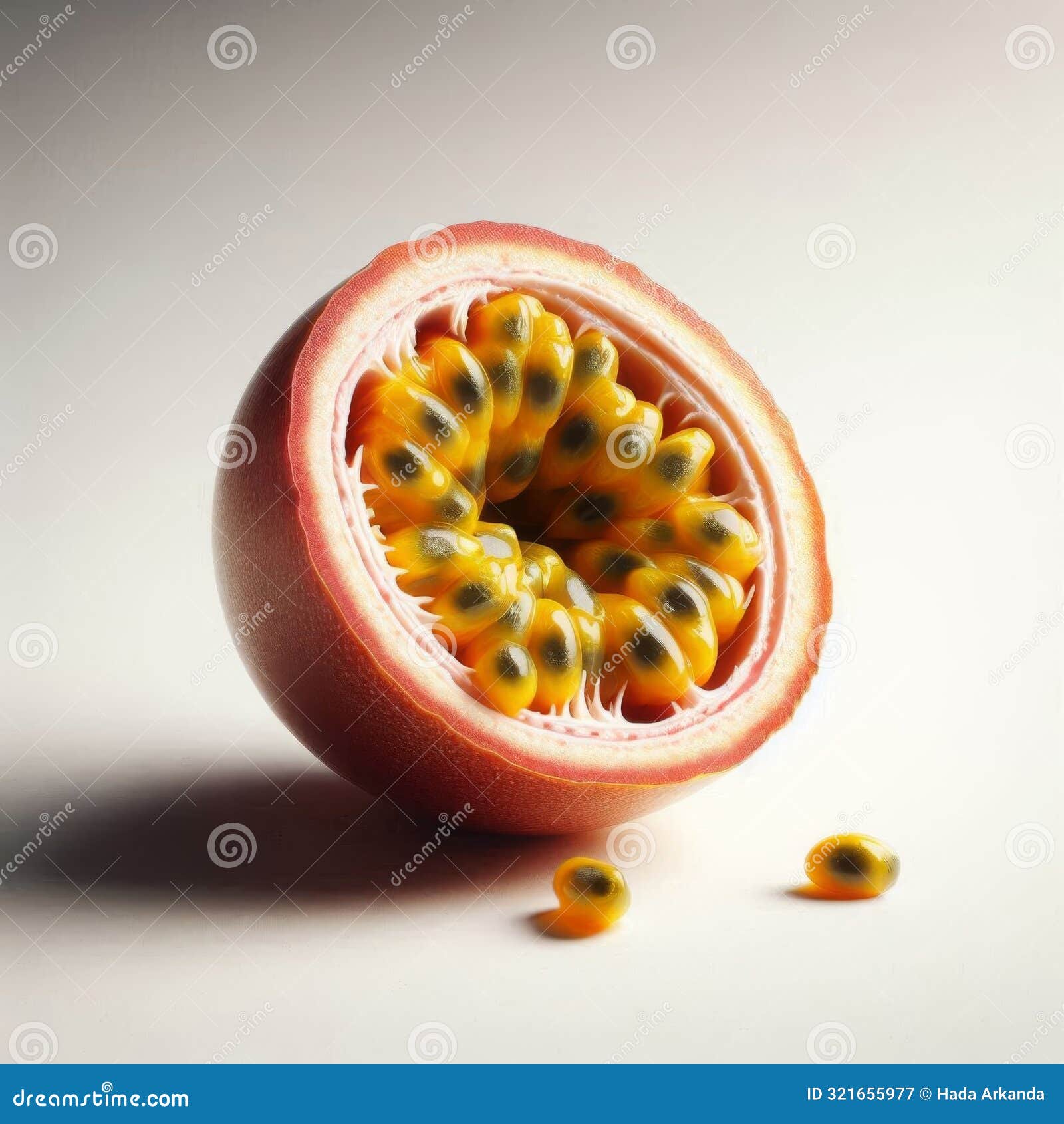 Passion Fruit Cut In Half On A Pristine White Background Stock