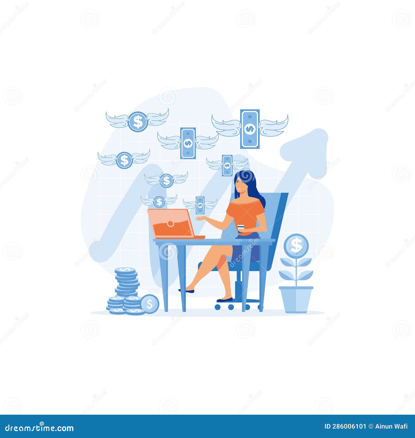 Woman Relaxing in Front of Computer while Money Raining Down Stock ...