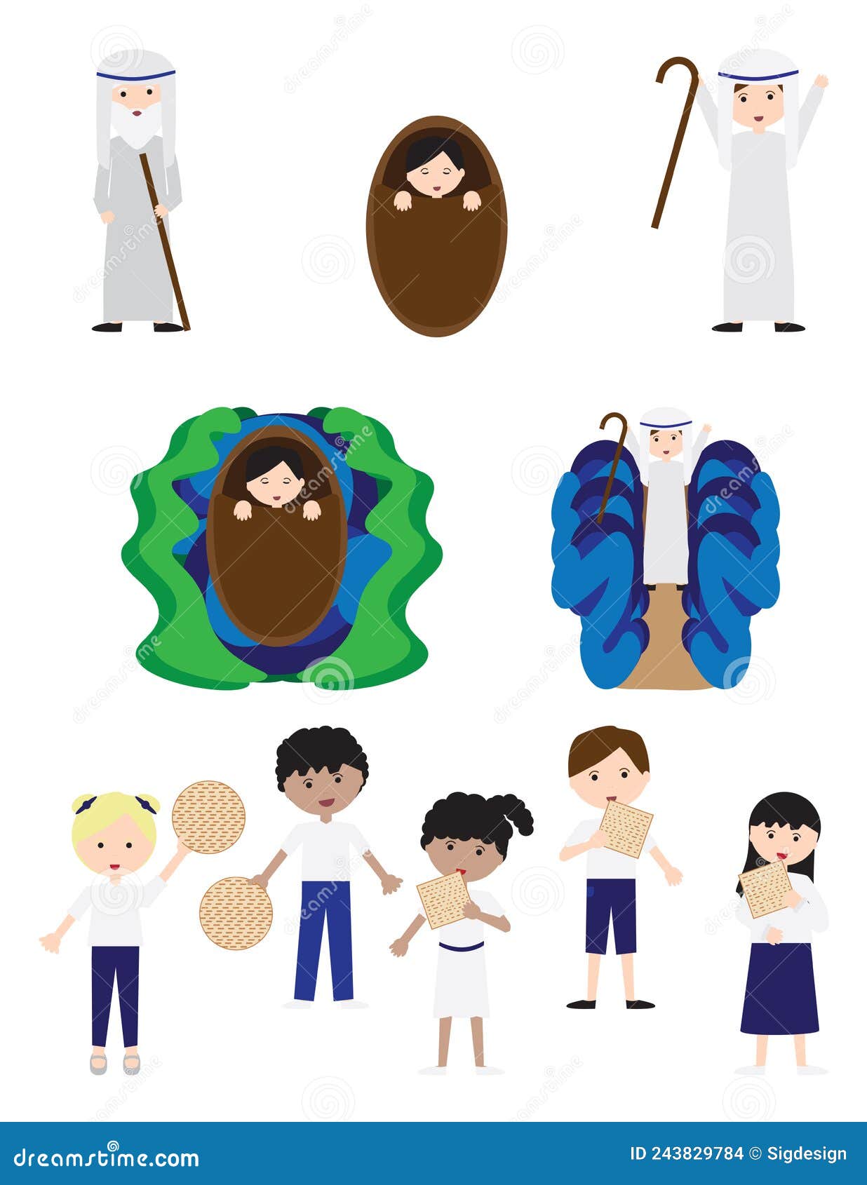 Passover Characters Set, Kids with Matzah and Moses Characters Stock ...
