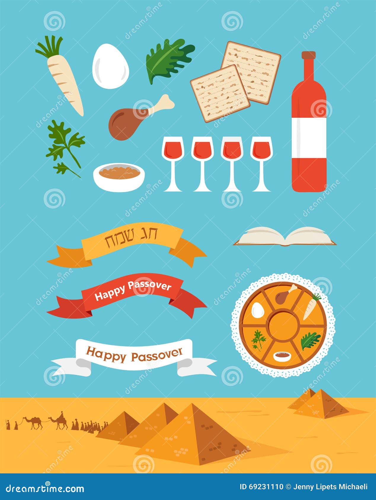 Passover Seder Plate with Flat Trasitional Icons Over a Desert ...