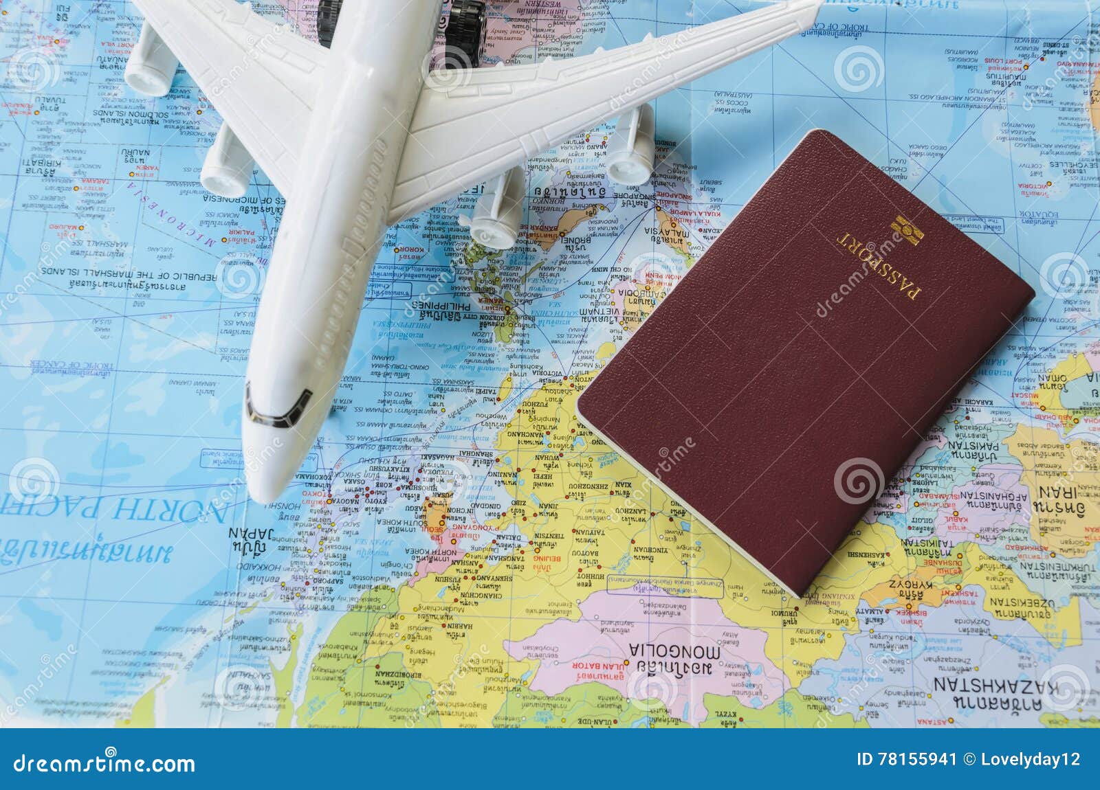 Passport, airplane and map stock image. Image of airplane - 78155941