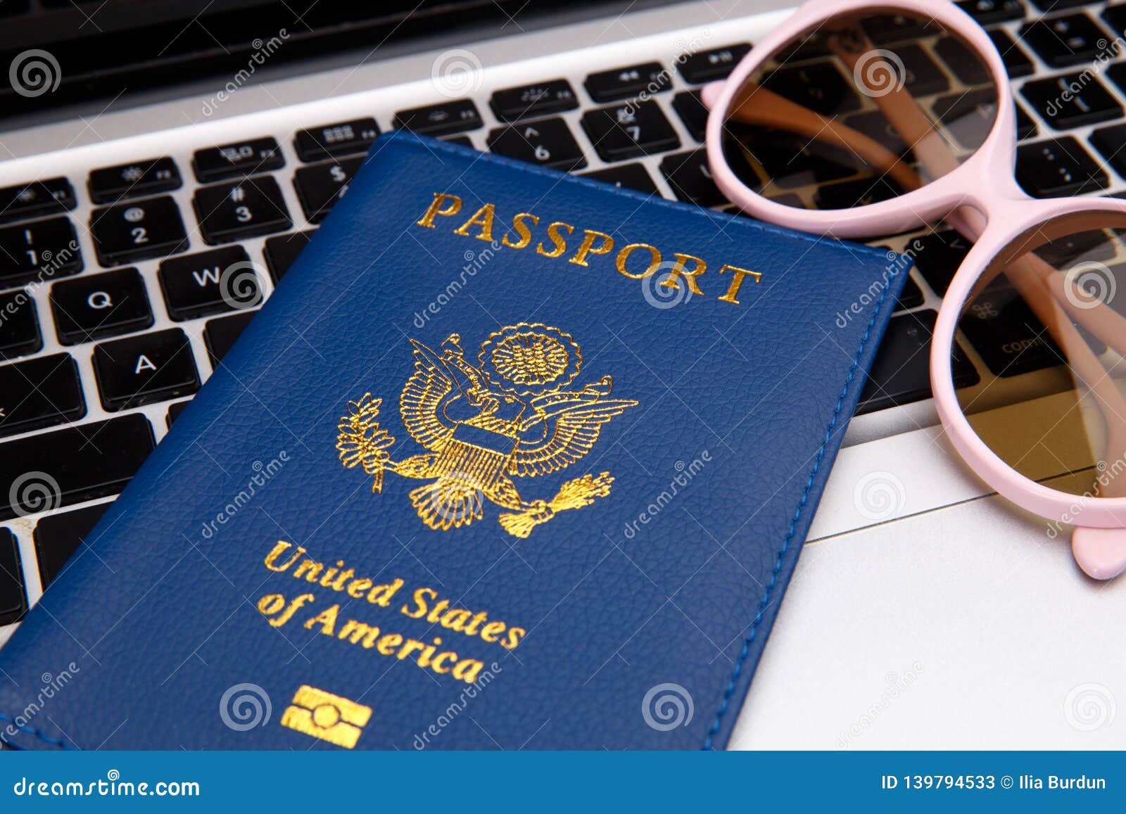 Passport Book with Laptop Computer on Table Stock Image - Image of ...