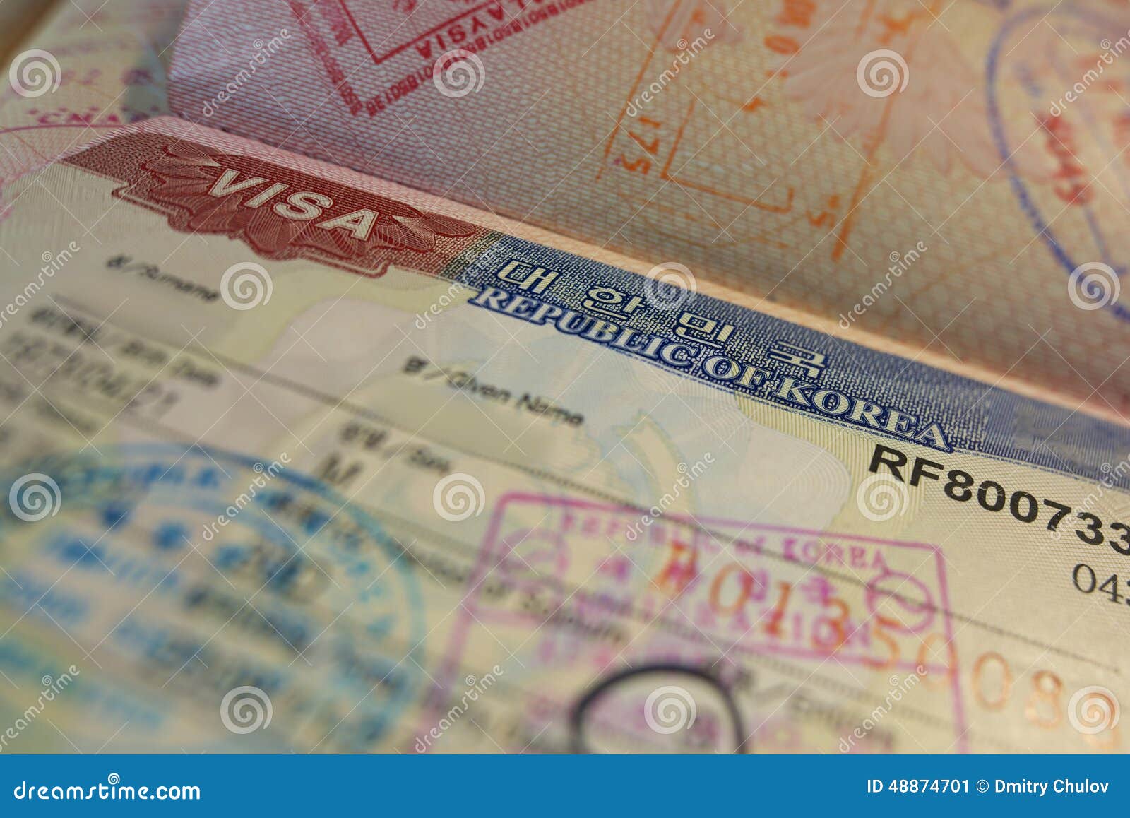 Passport Page with Korean Visa and Immigration Control Stamps. Stock ...