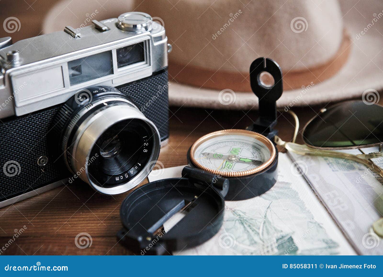 Passport, Vintage Camera, Compass, Sunglasses and Hat. Stock Image ...