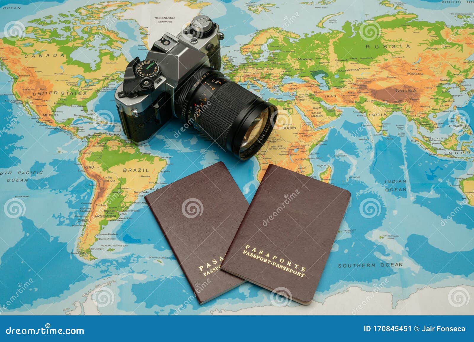 Passport, World Map, Camera. Travel Concept Stock Image - Image of ...