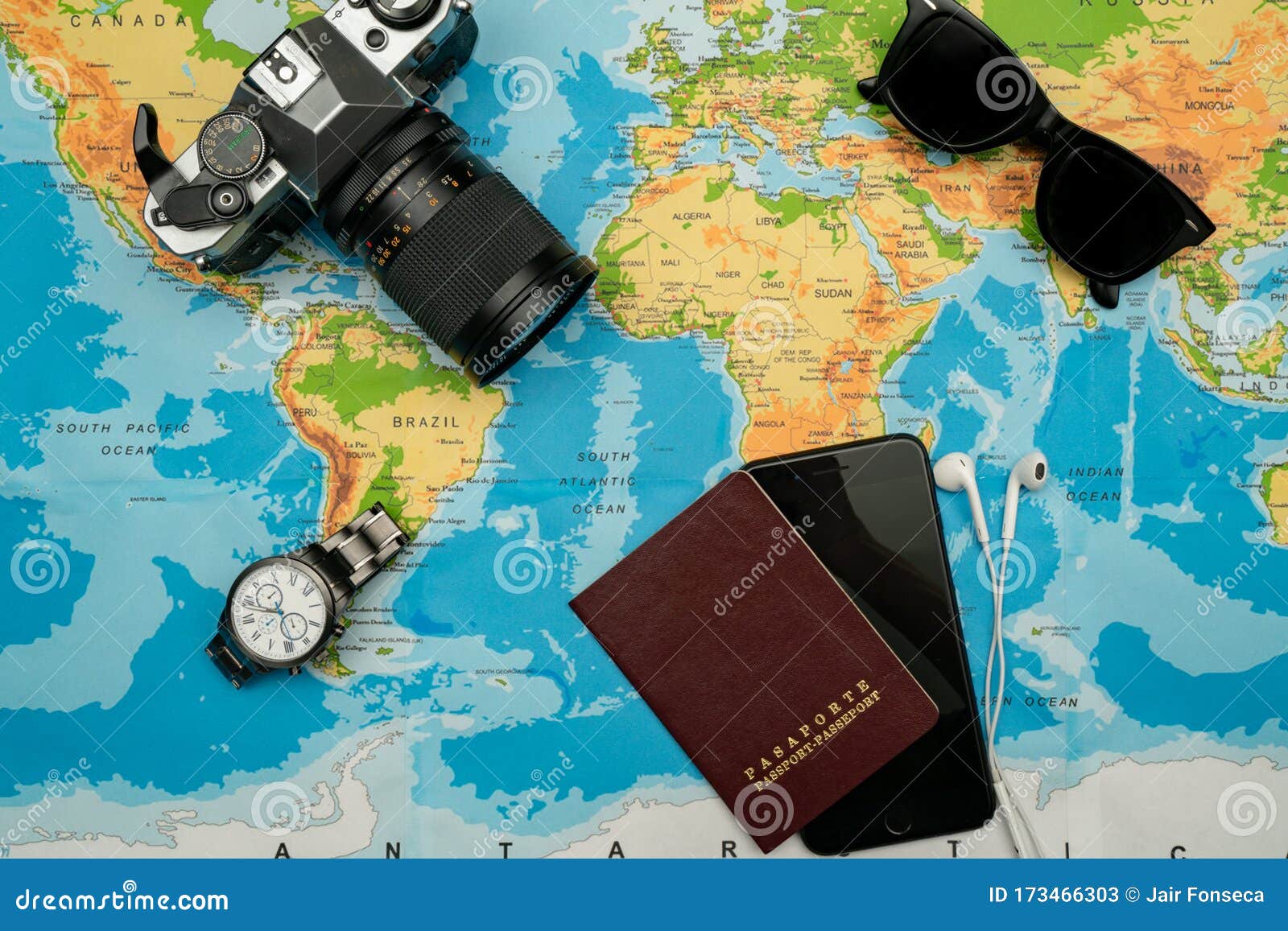 Passport, World Map, Glasses, Camera. Travel Concept Stock Image ...