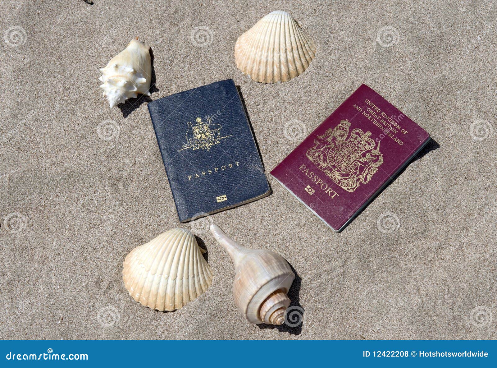 Passports on Sandy Tropical Beach with Shells Stock Photo - Image of ...