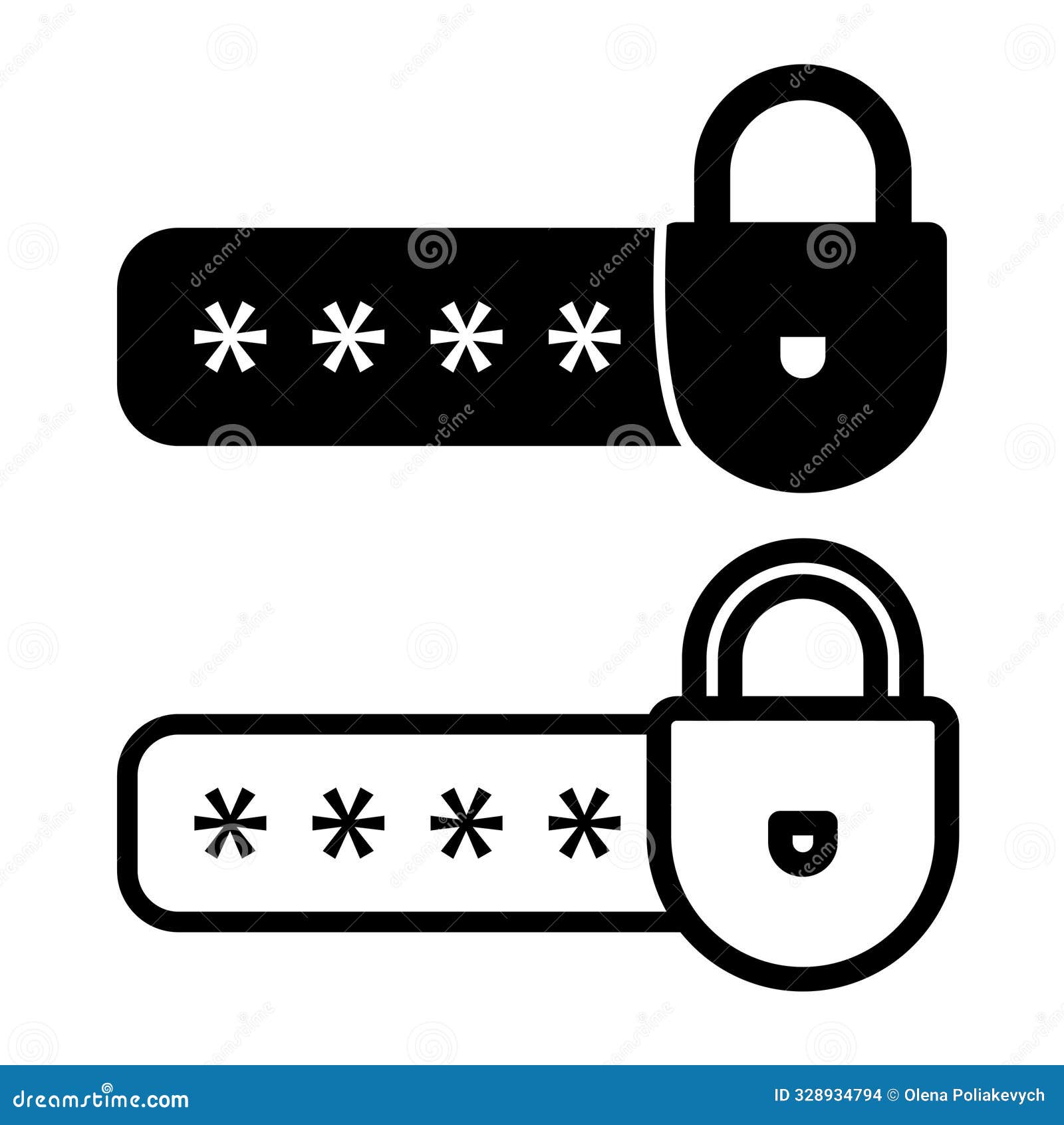 Password Lock Icons. Black Silhouettes with Asterisks. Simple Security ...