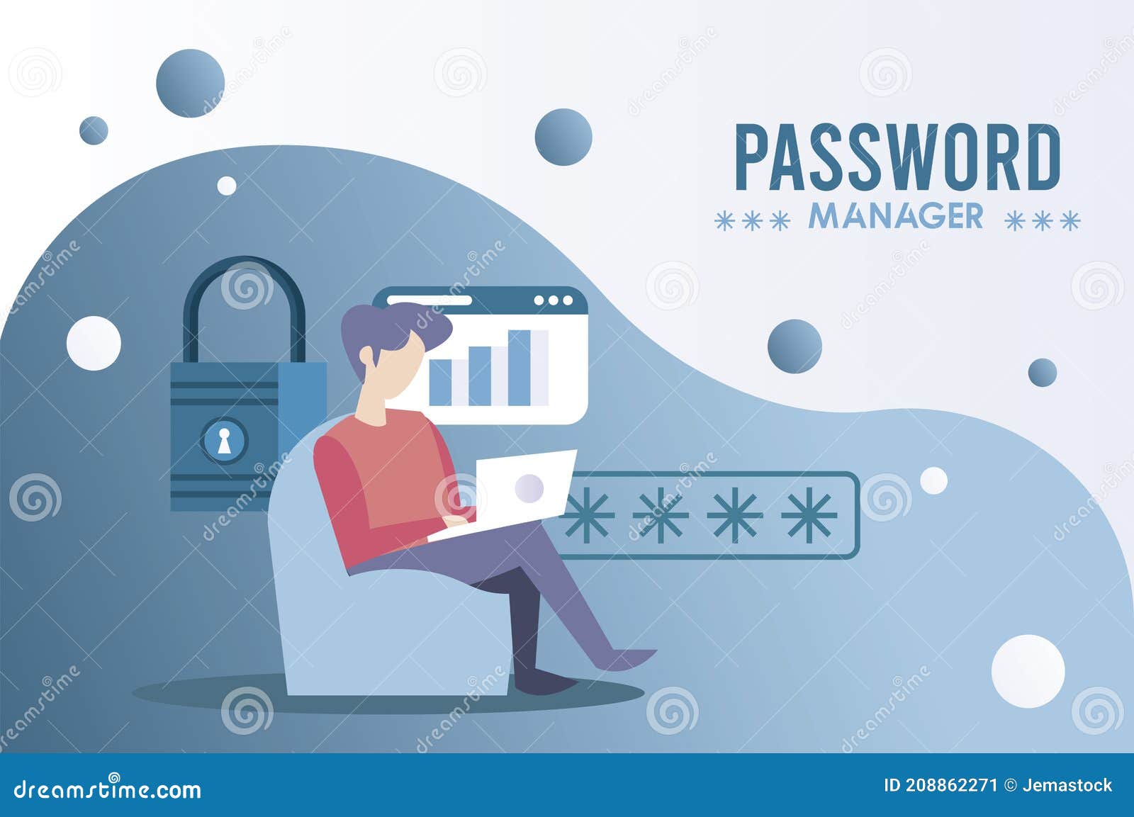 Password Manager Theme with Man Using Laptop and Padlock Stock Vector ...