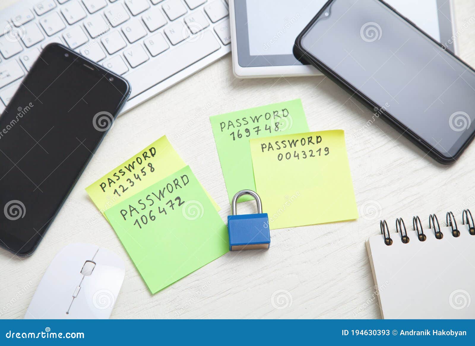 Password Message Written on Sticky Notes. Smartphones, Padlock on the ...