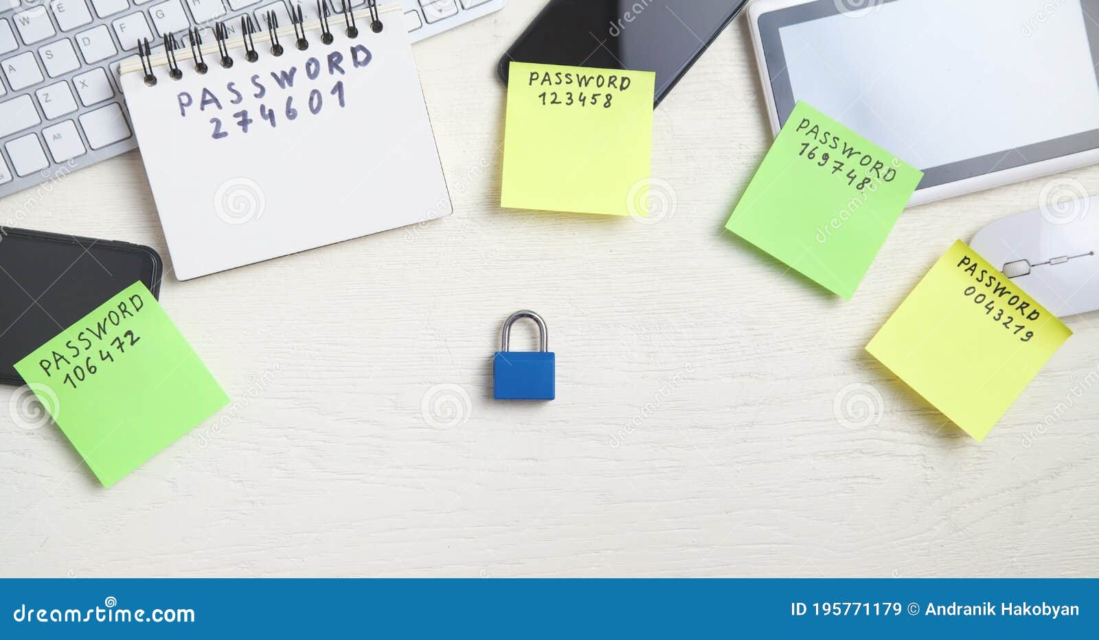 Password Message Written on Sticky Notes. Smartphones, Tablet, Keyboard ...