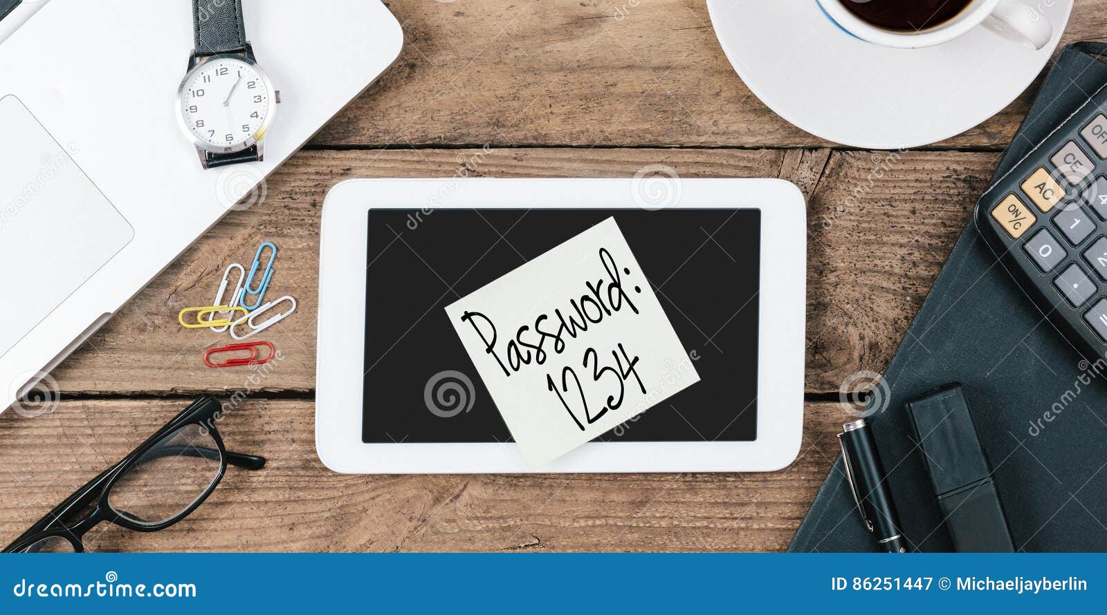 Password: 1234 Note on Office Desktop Stock Image - Image of coffee ...