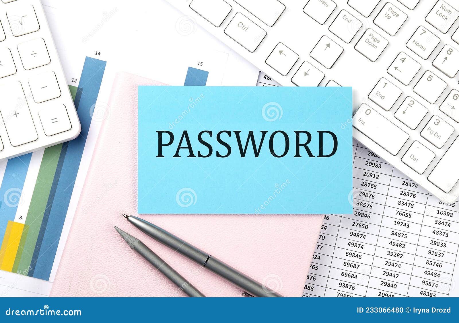 PASSWORD Text on Blue Sticker on Chart with Calculator and Keyboard ...