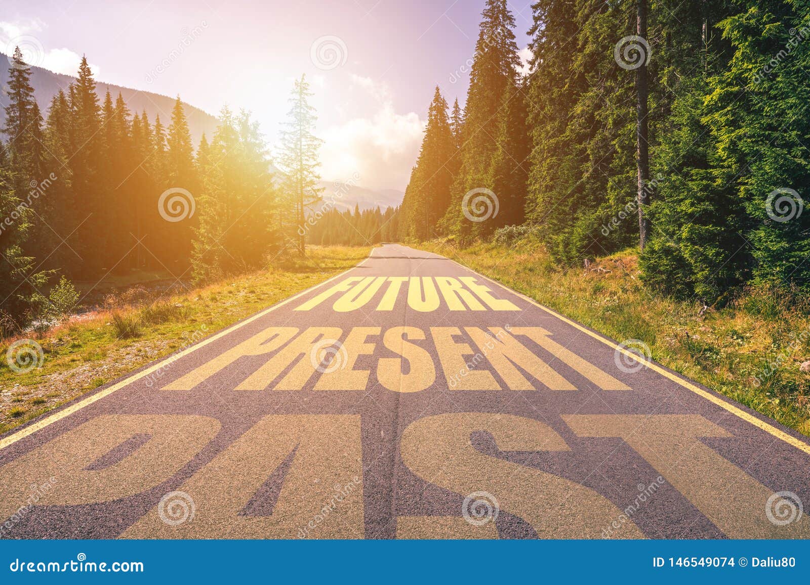 Past, Present, Future Concept. Driving on an Empty Road in the ...