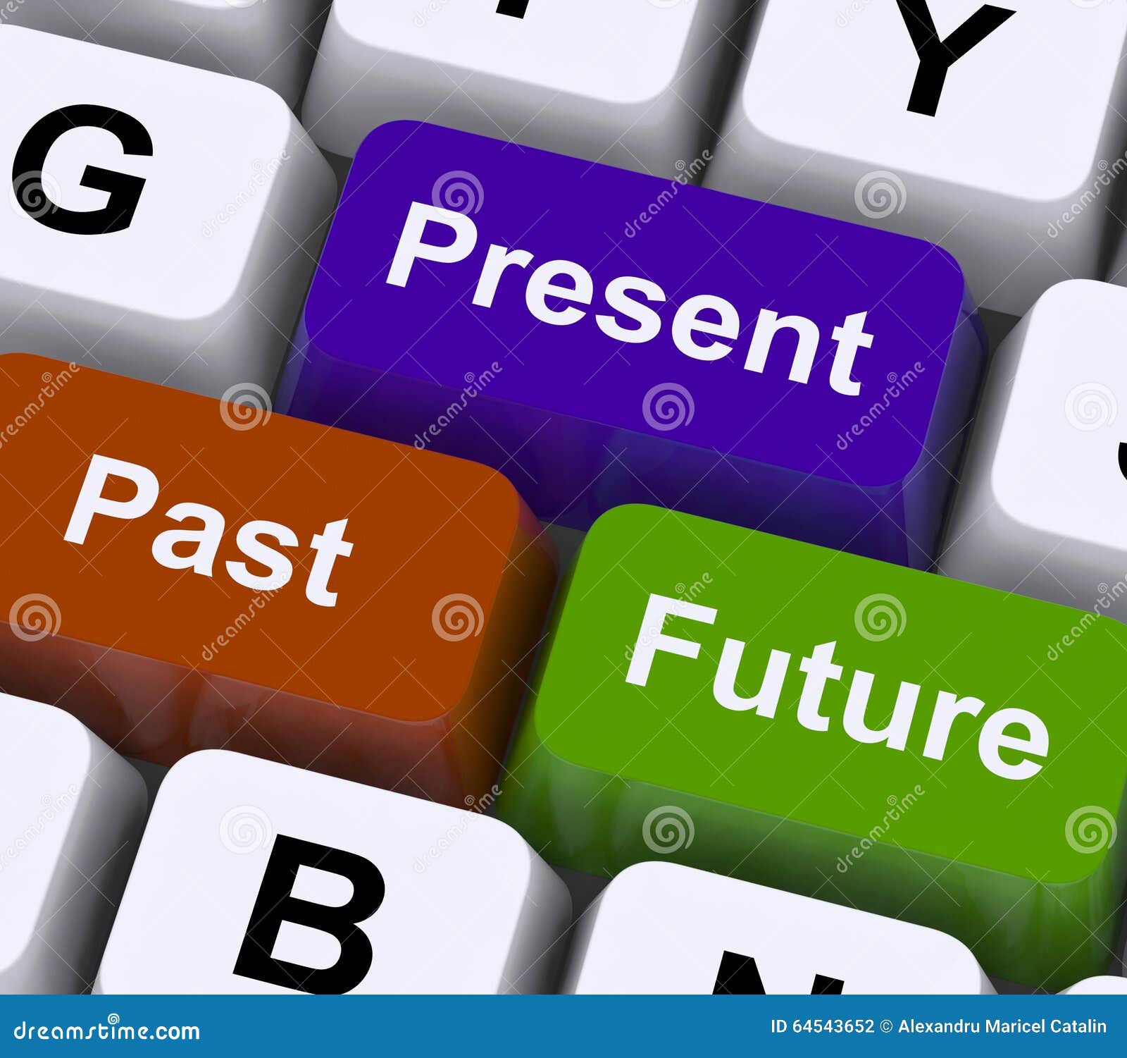 Past Present and Future Keys Show Evolution or Aging Stock Photo ...