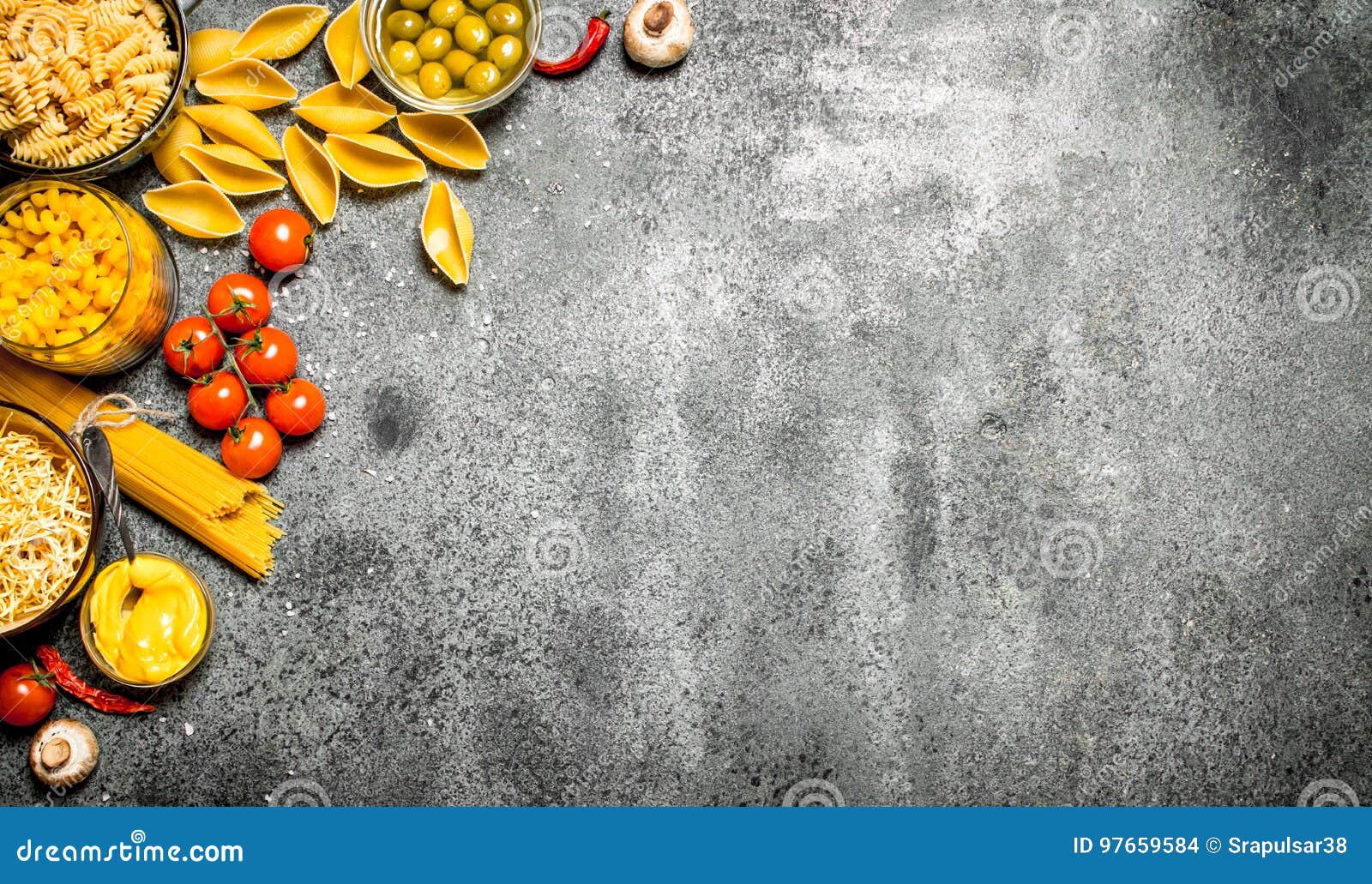 Pasta Background. Various Pasta with Spices and Vegetables Stock Photo ...