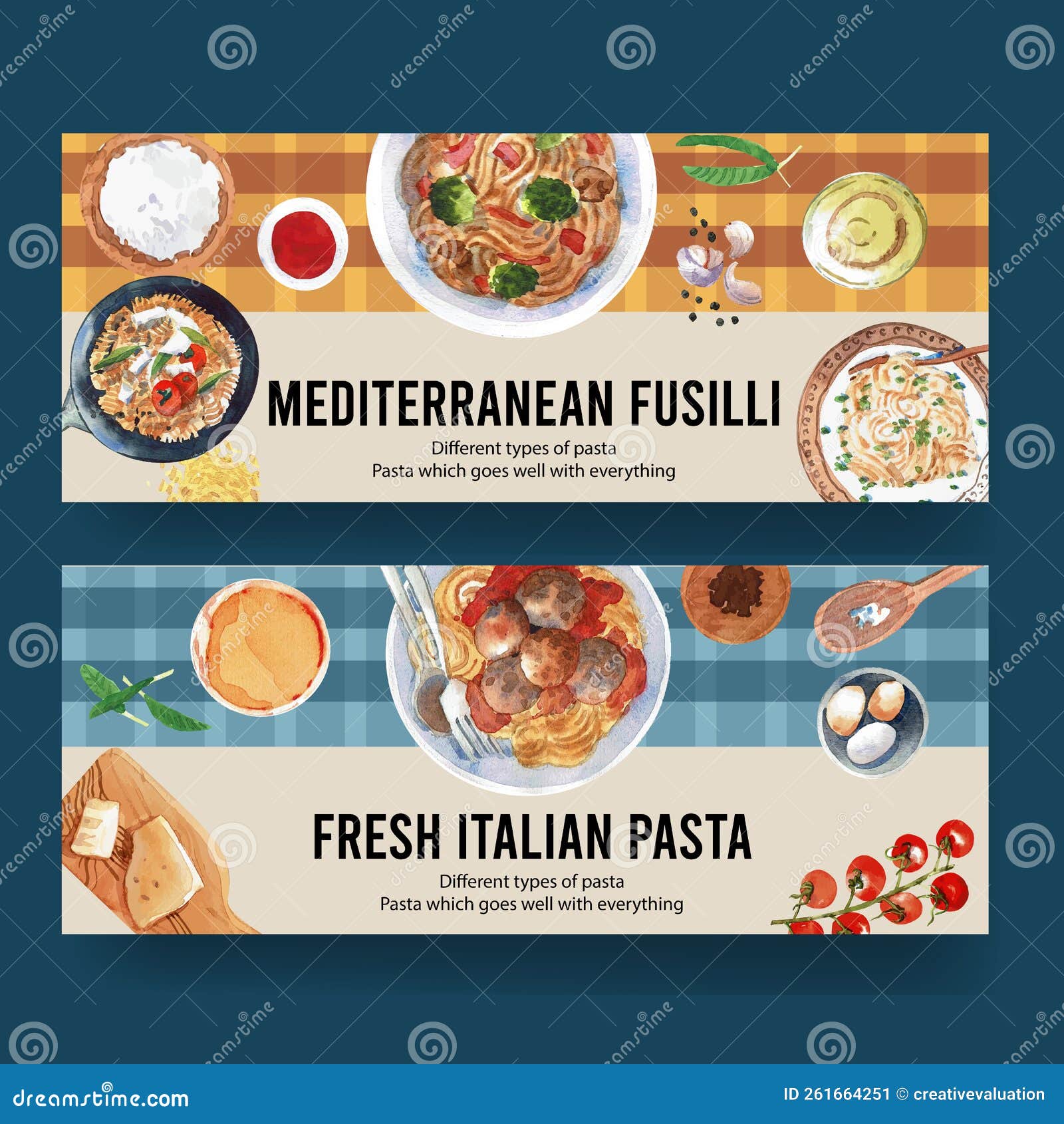 Pasta Banner Design with Pasta, Ingredients Watercolor Illustration ...