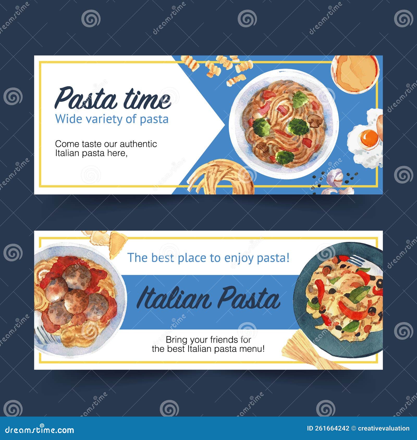 Pasta Banner Design with Various Pasta Watercolor Illustration Stock ...