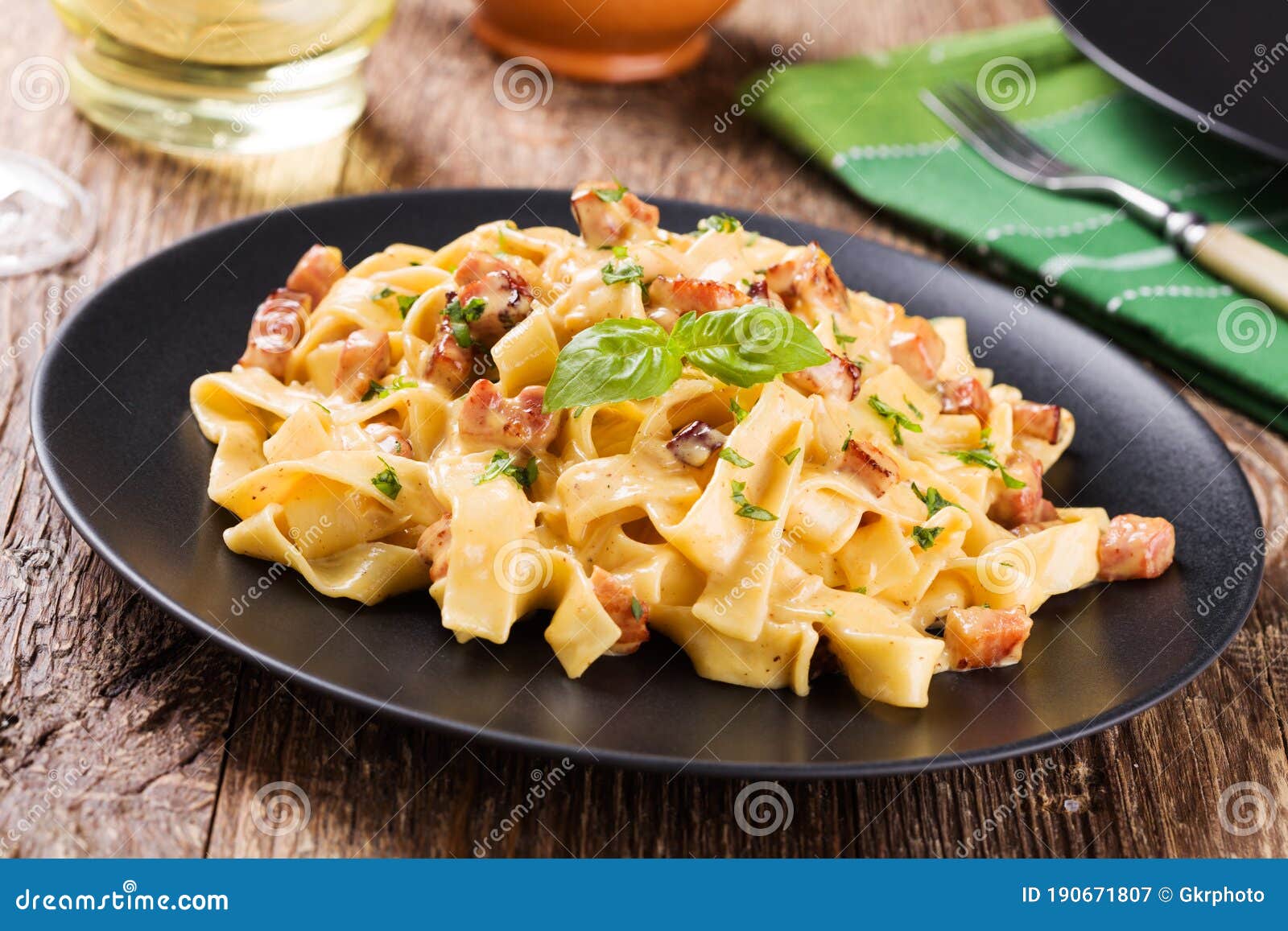 Pasta Carbonara with Bacon, Basil and Cheese Stock Image - Image of ...