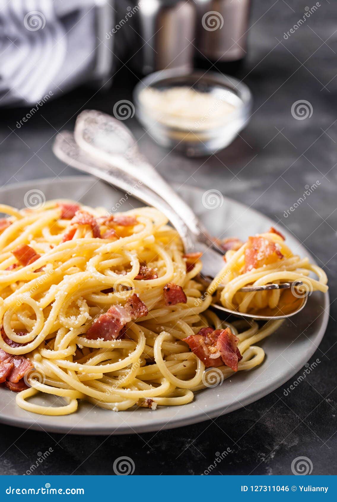Pasta Carbonara with Bacon and Parmesan Stock Photo - Image of ...