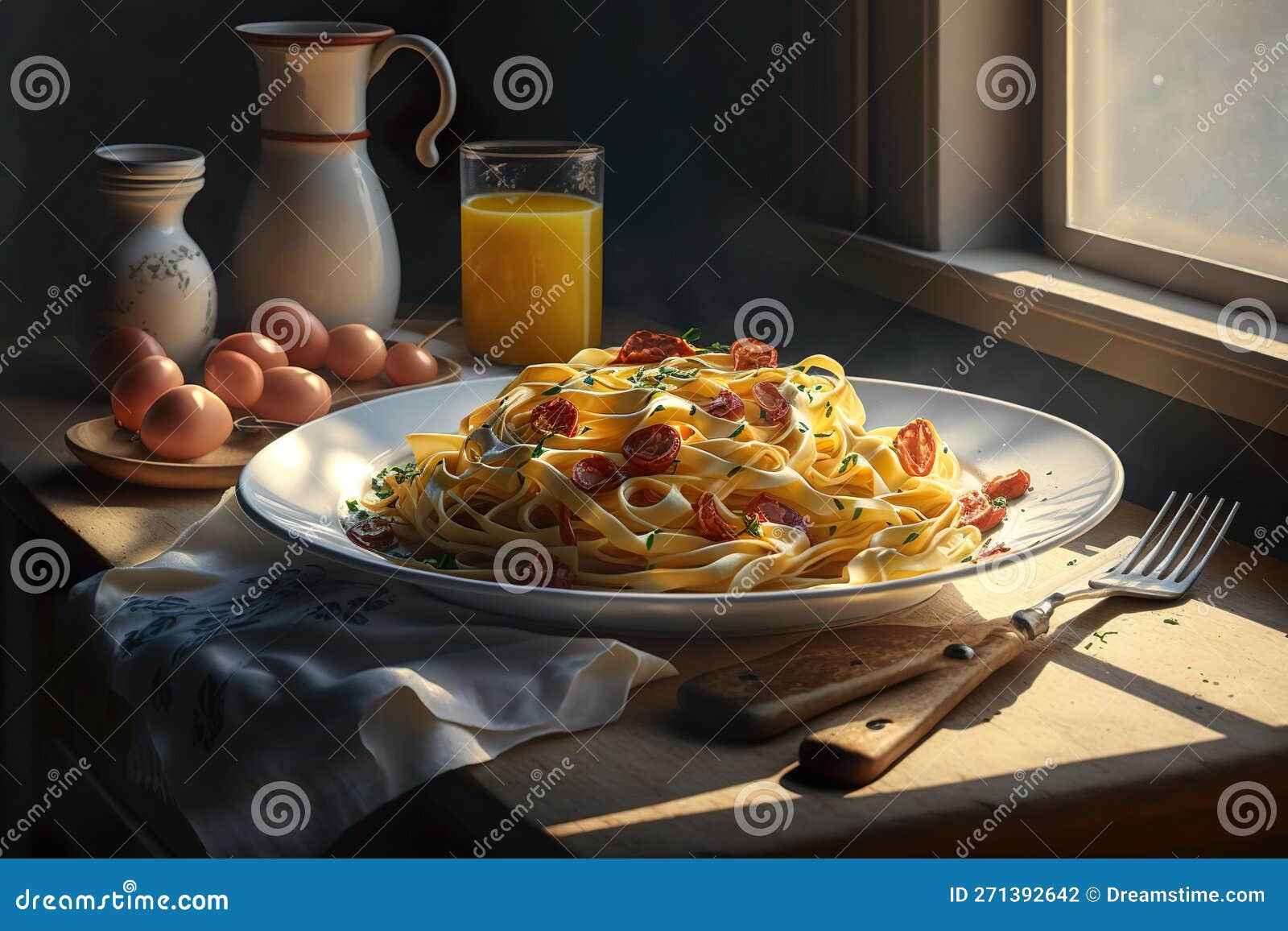 Pasta Carbonara, Eggs, Juice Arrangement on Table - Generative AI Stock ...