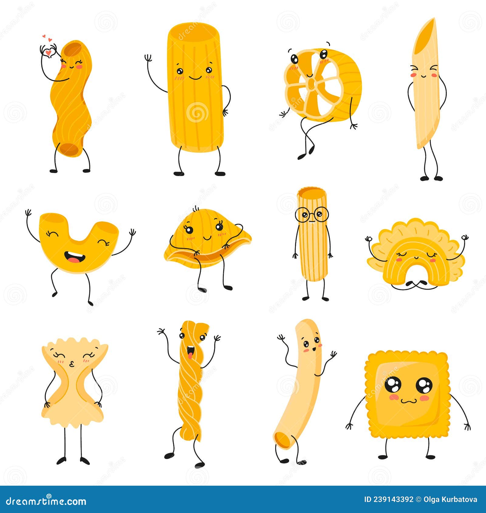 Funny Penne Pasta Cartoon Character With Many Facial Expressions Vector