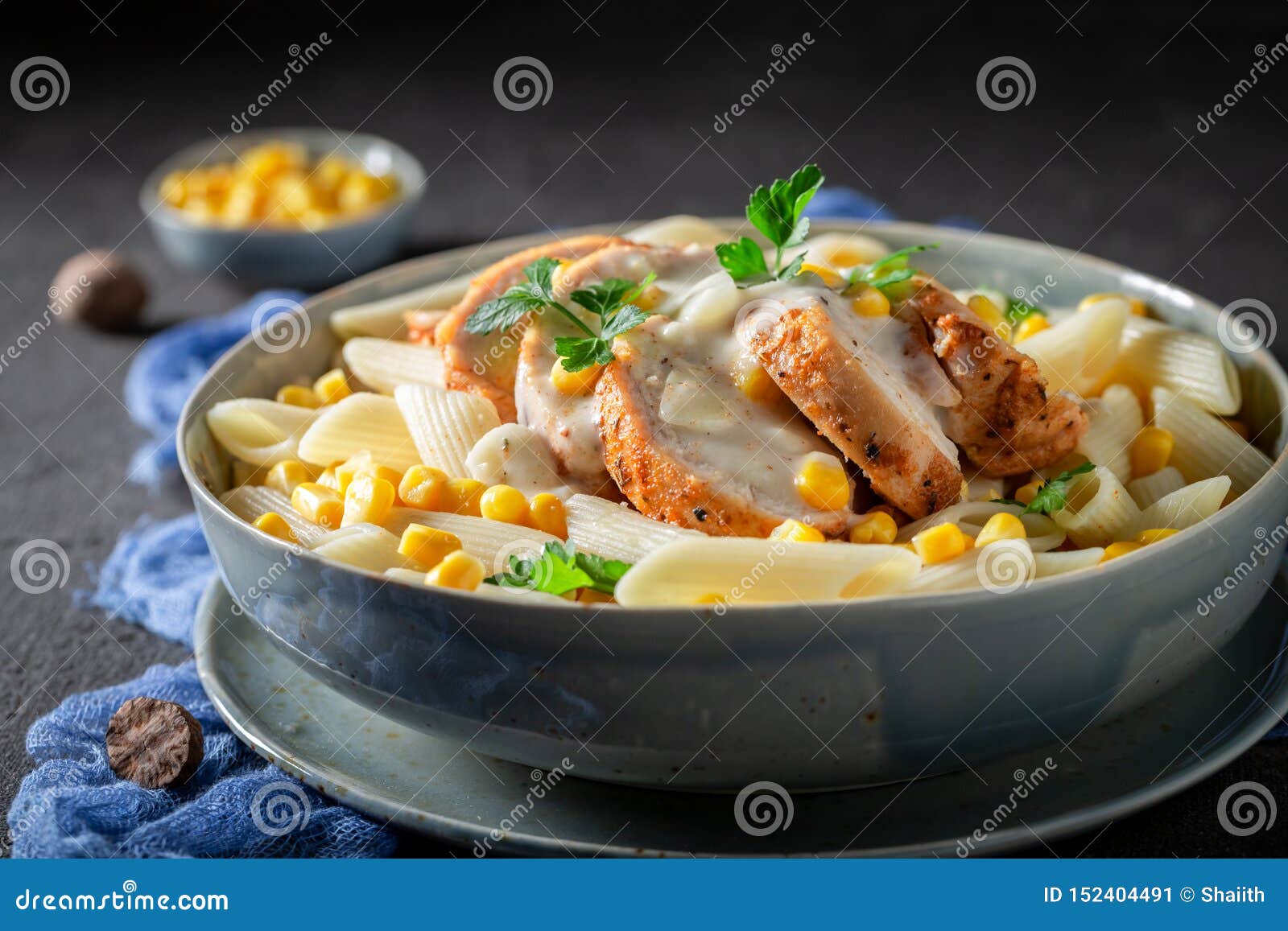Pasta with Chicken, Corn and Bechamel Sauce Stock Image - Image of ...
