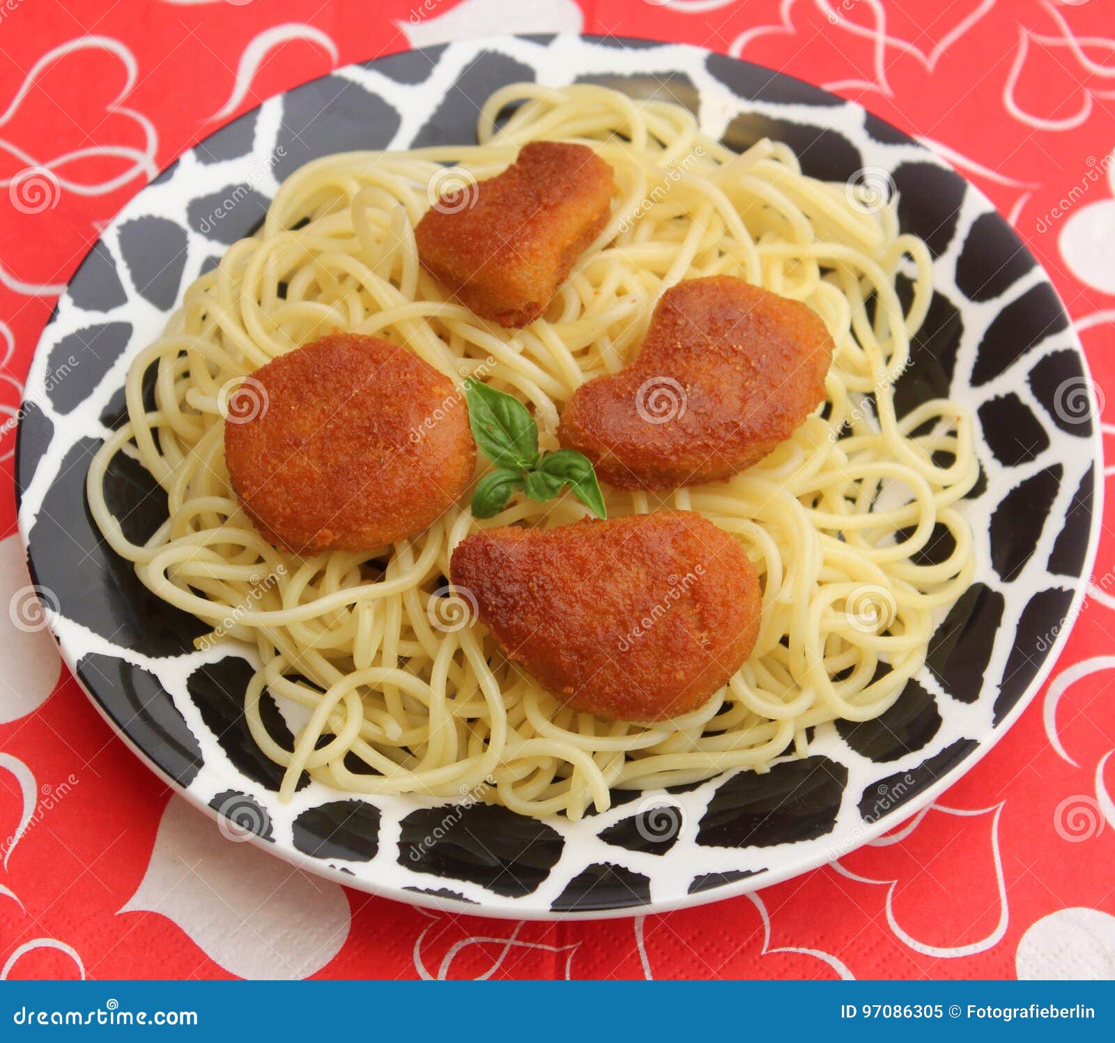 Pasta with chicken nuggets stock image. Image of chicken - 97086305