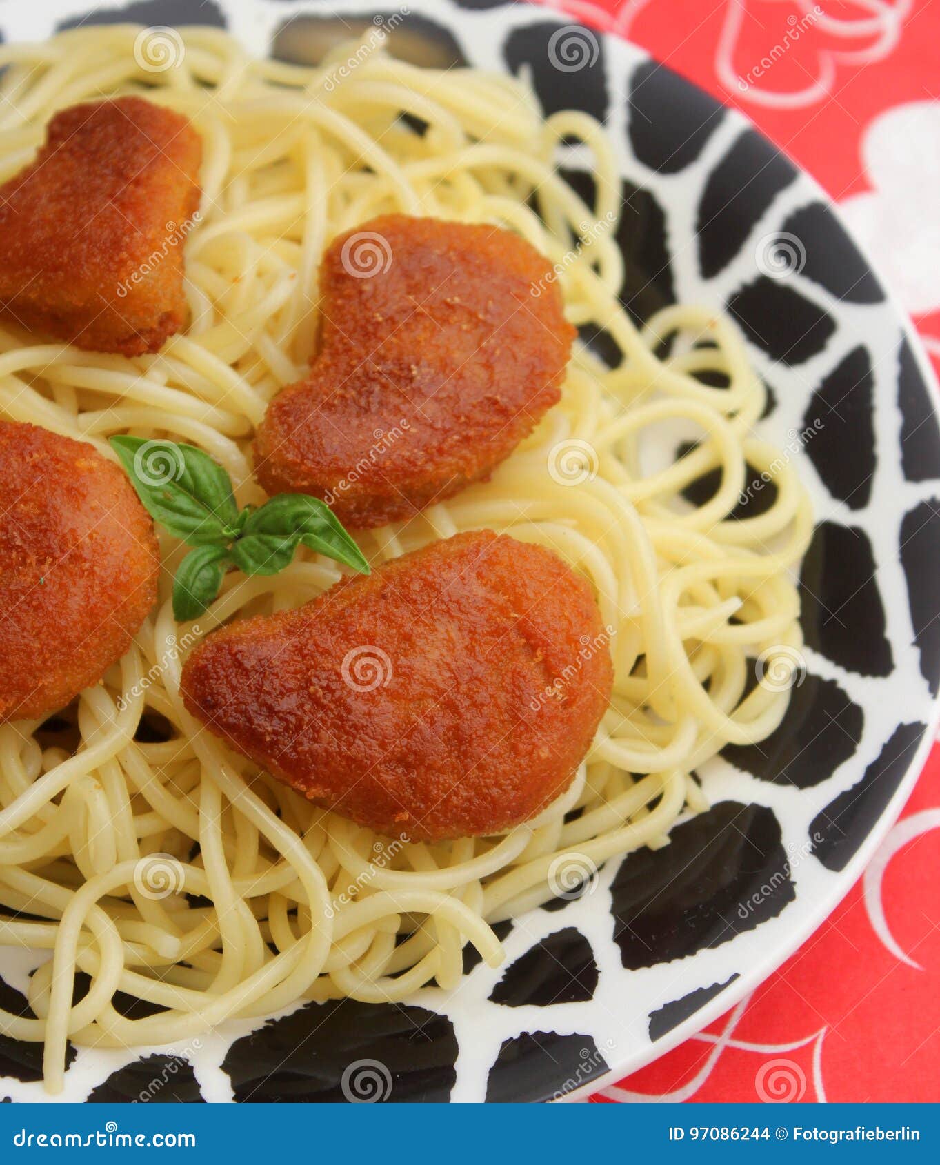 Pasta with chicken nuggets stock photo. Image of carbonara - 97086244