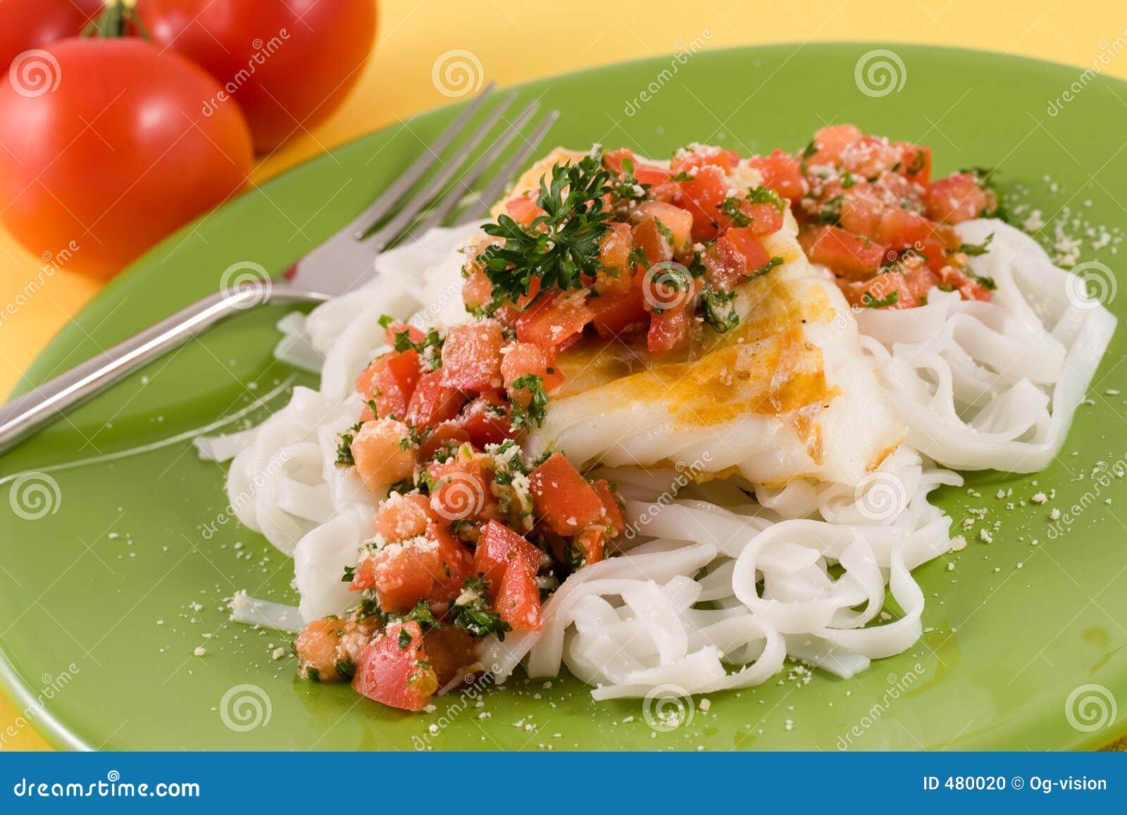 Pasta and Cod with Tomato Pesto Stock Photo - Image of basil ...