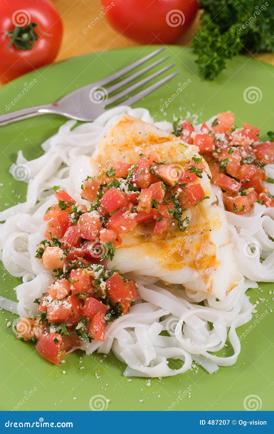 Pasta and Cod with Tomato Pesto Stock Image - Image of plate, grilled ...