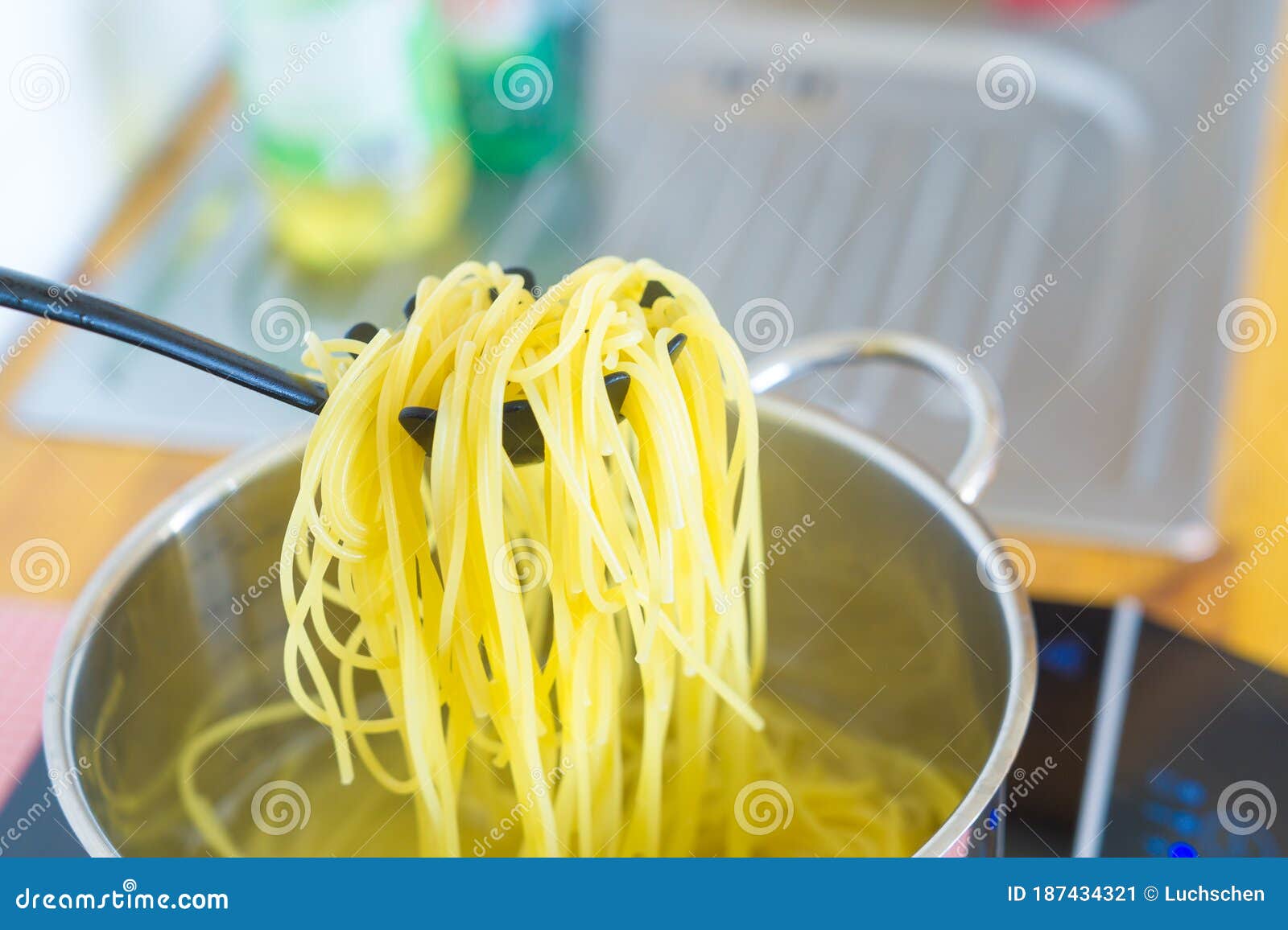 Pasta cooked in a pan stock image. Image of cooking - 187434321