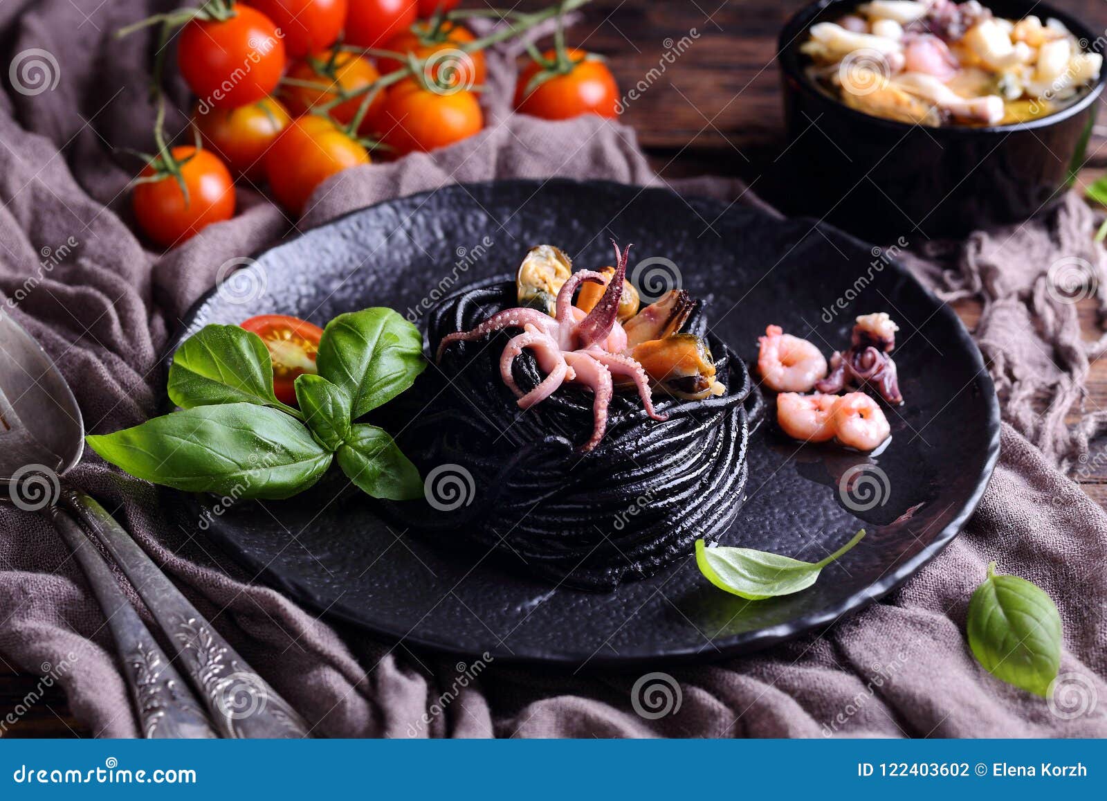 Pasta with Cuttlefish Ink and Seafood Stock Photo - Image of lunch ...