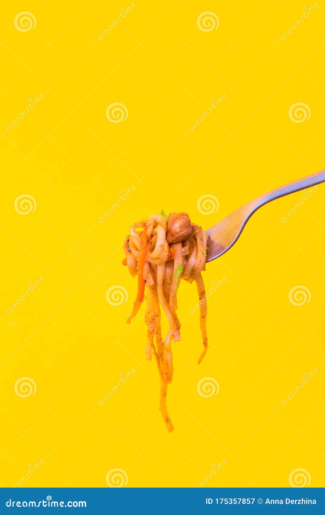 Pasta Falling from Fork on Yellow Background. Stock Image - Image of ...