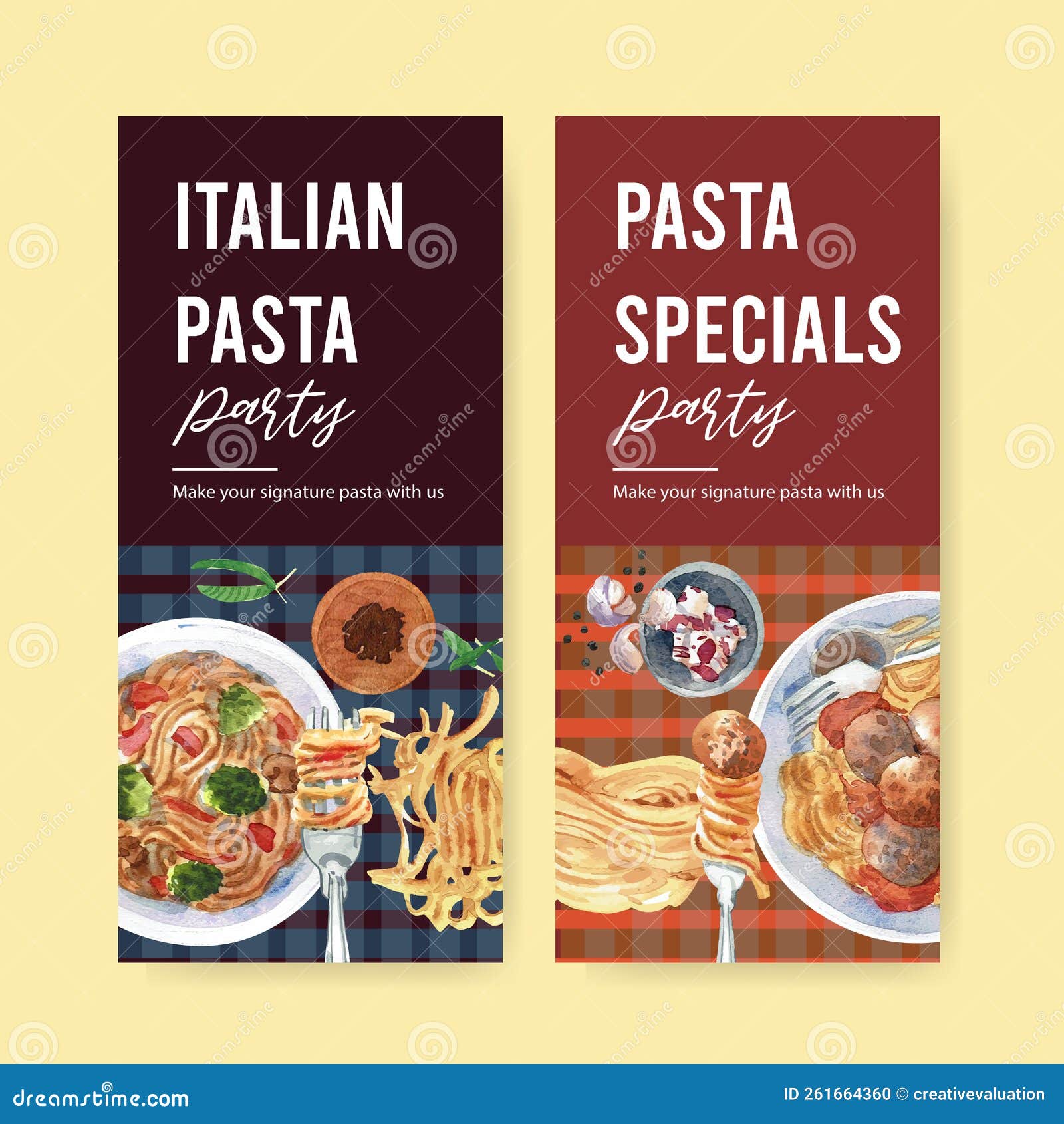 Pasta Flyer Design with Pasta, Pepper, Fork Watercolor Illustration ...