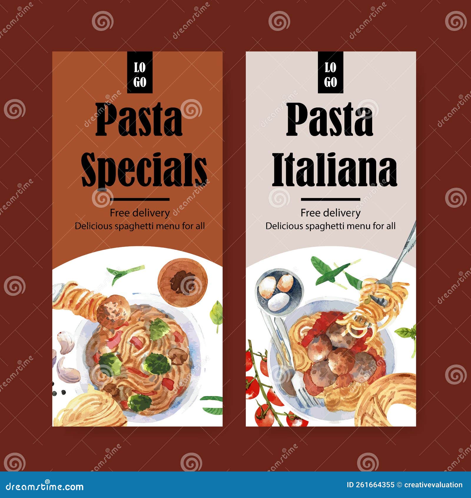 Pasta Flyer Design with Various Pasta Watercolor Illustration Stock ...