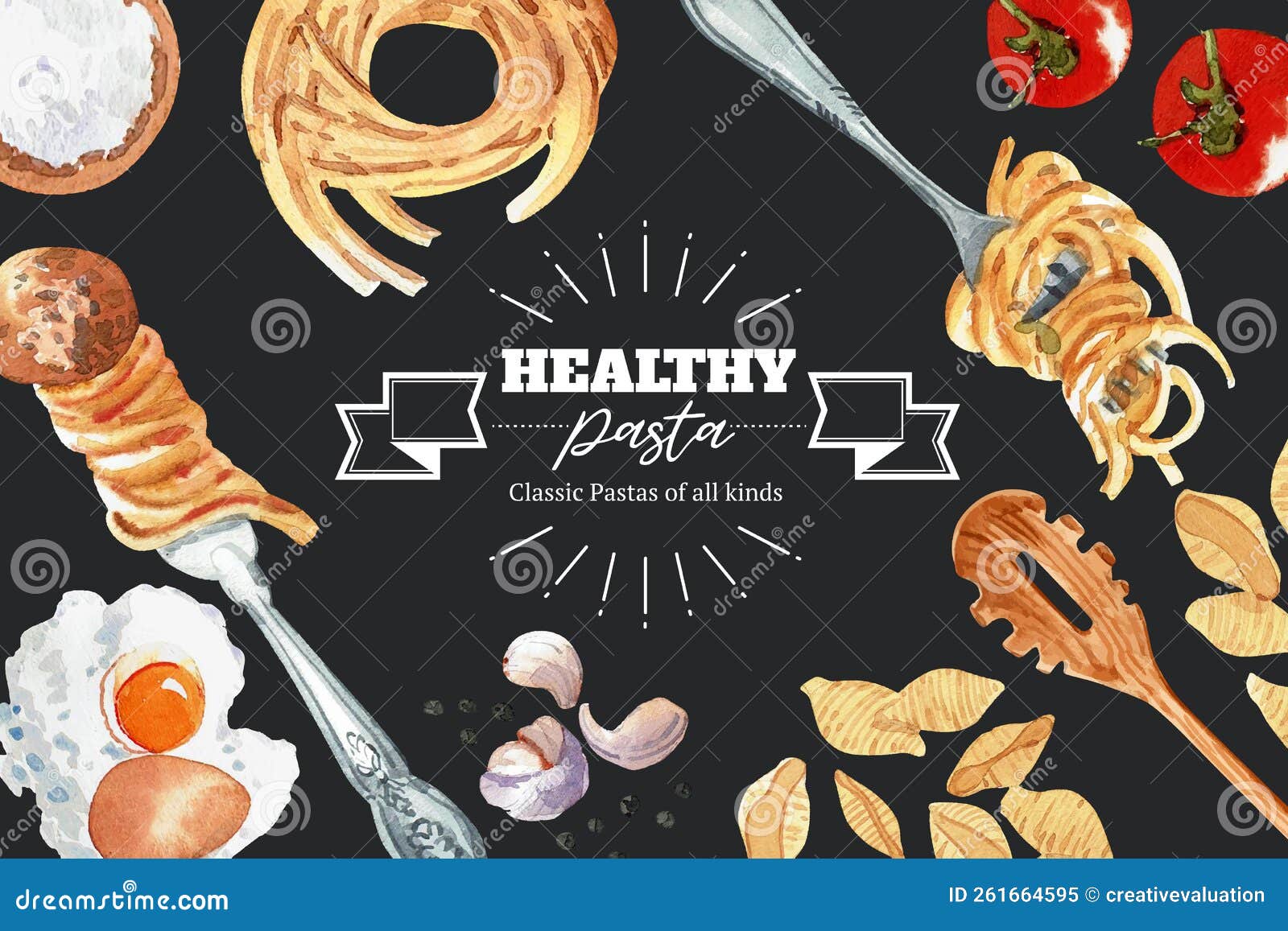 Pasta Frame Design with Flour, Fork, Garlic, Egg Watercolor ...