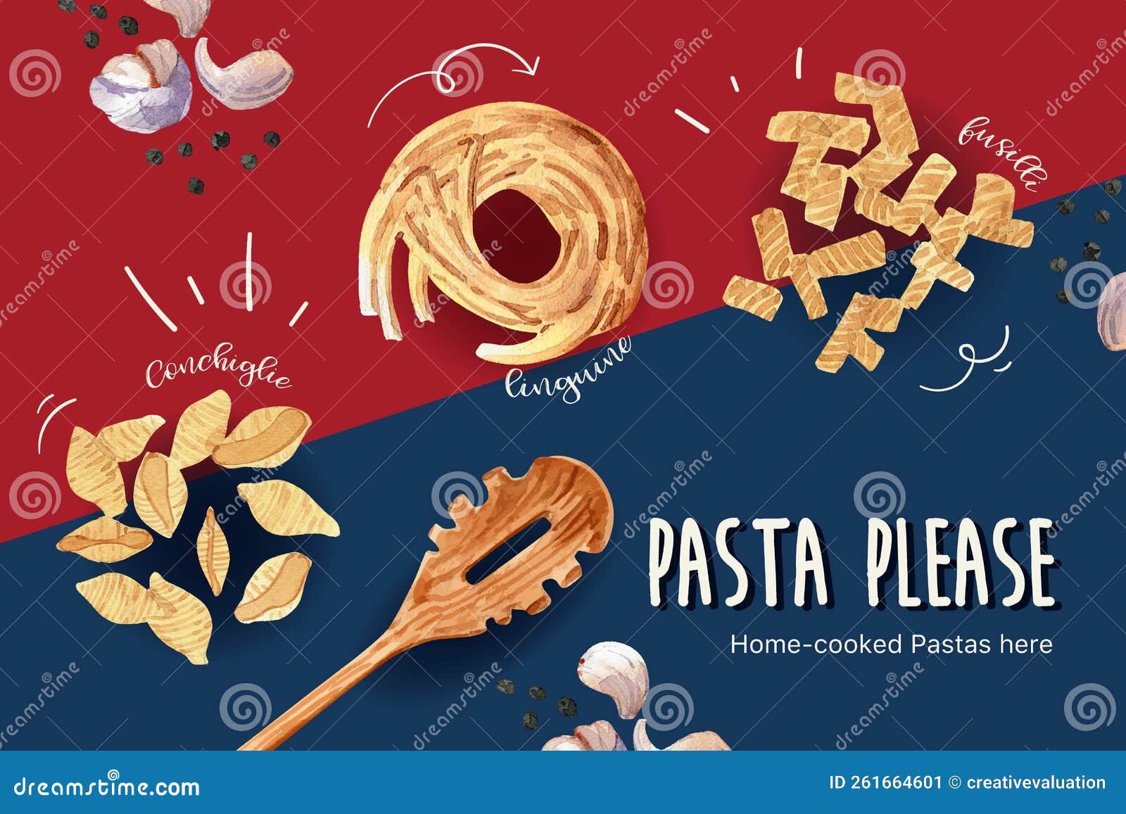 Pasta Frame Design with Spaghetti, Garlic, Pepper Watercolor ...