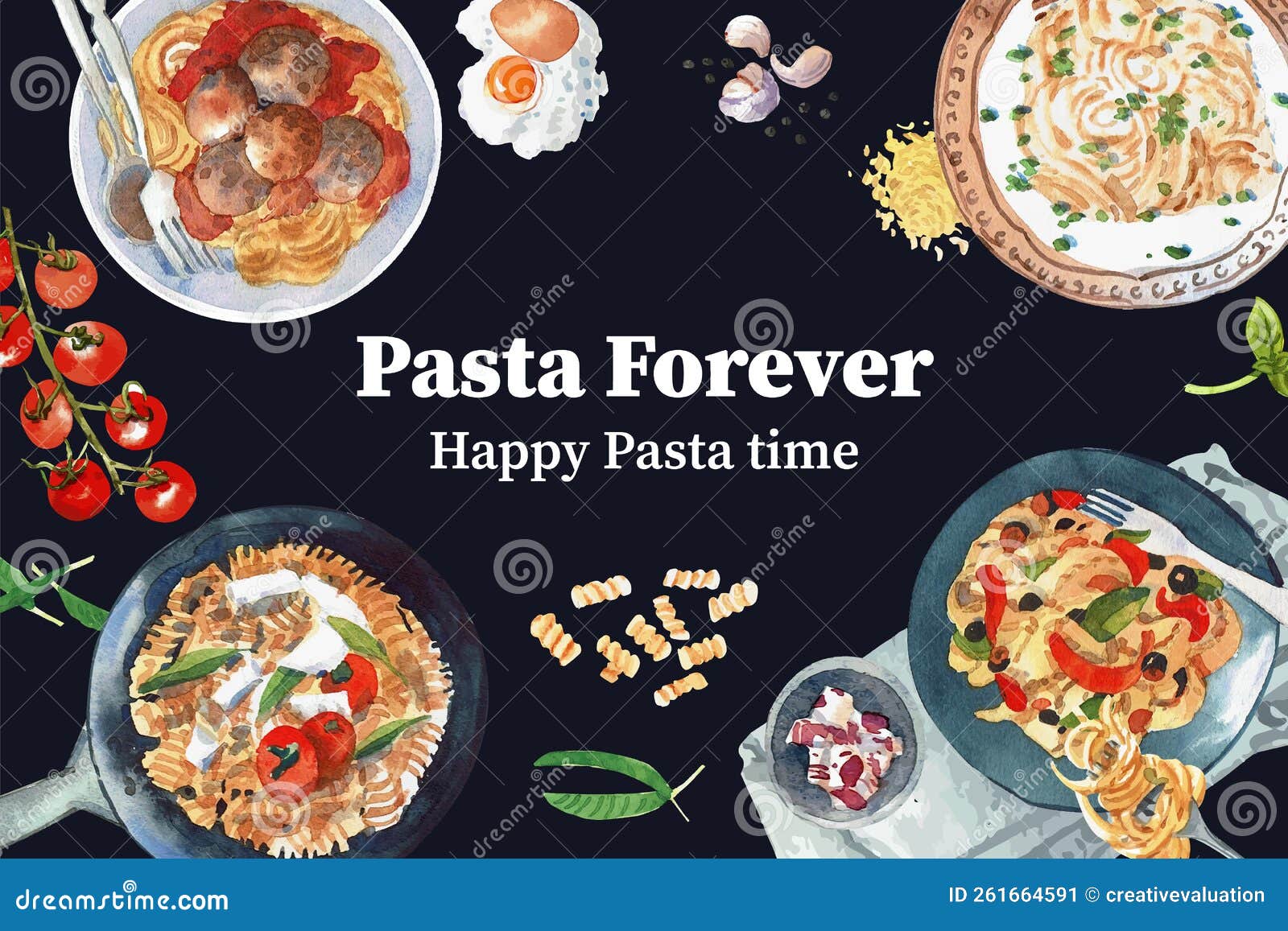 Pasta Frame Design with Various Pasta, Tomato Watercolor Illustration ...