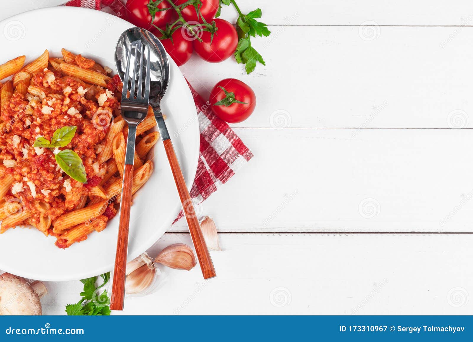 Pasta with Meat, Tomato Sauce and Vegetables on the Table Stock Image ...