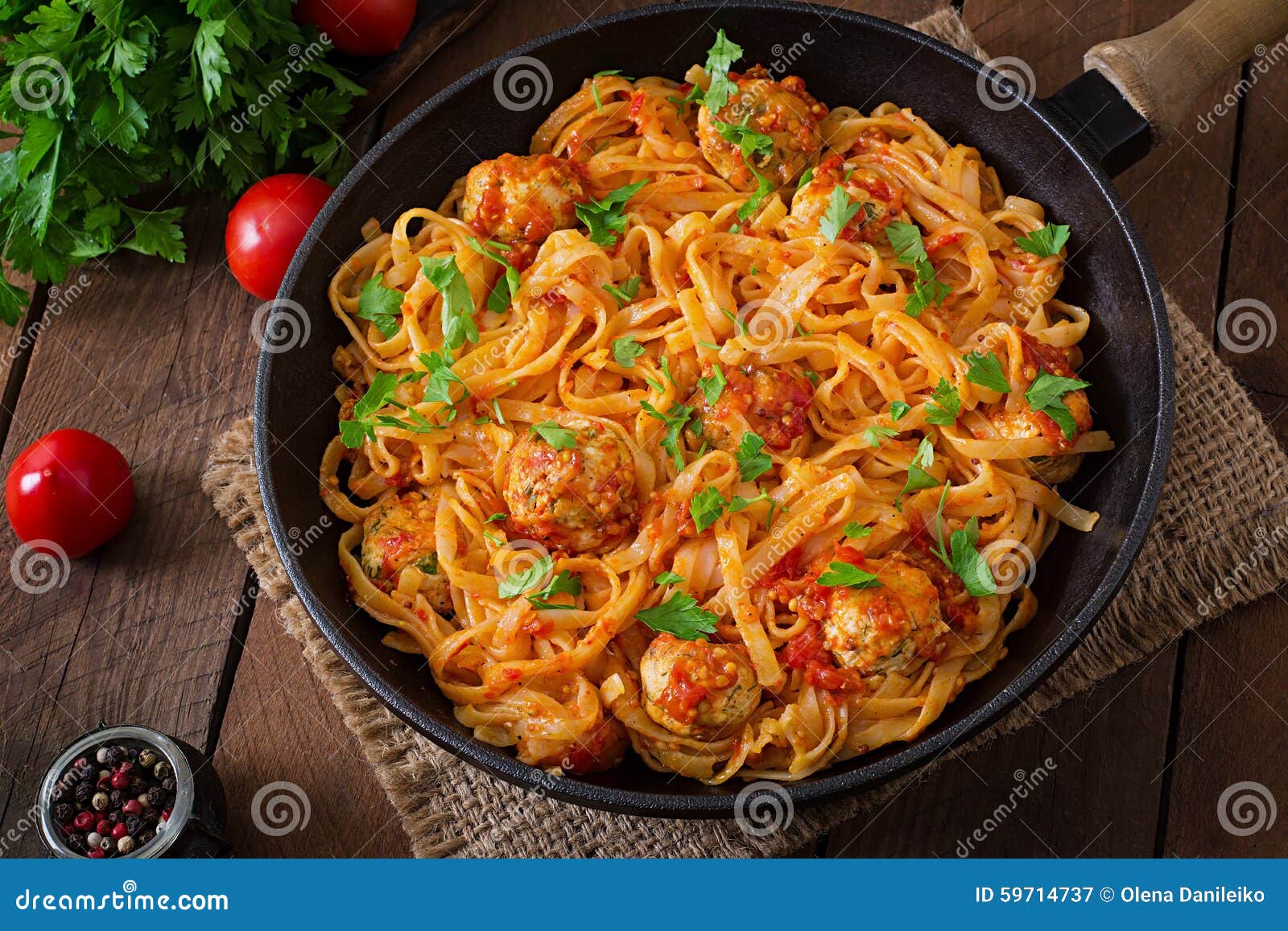 Pasta with Meatballs in Tomato Sauce. Stock Image - Image of fettuccine ...