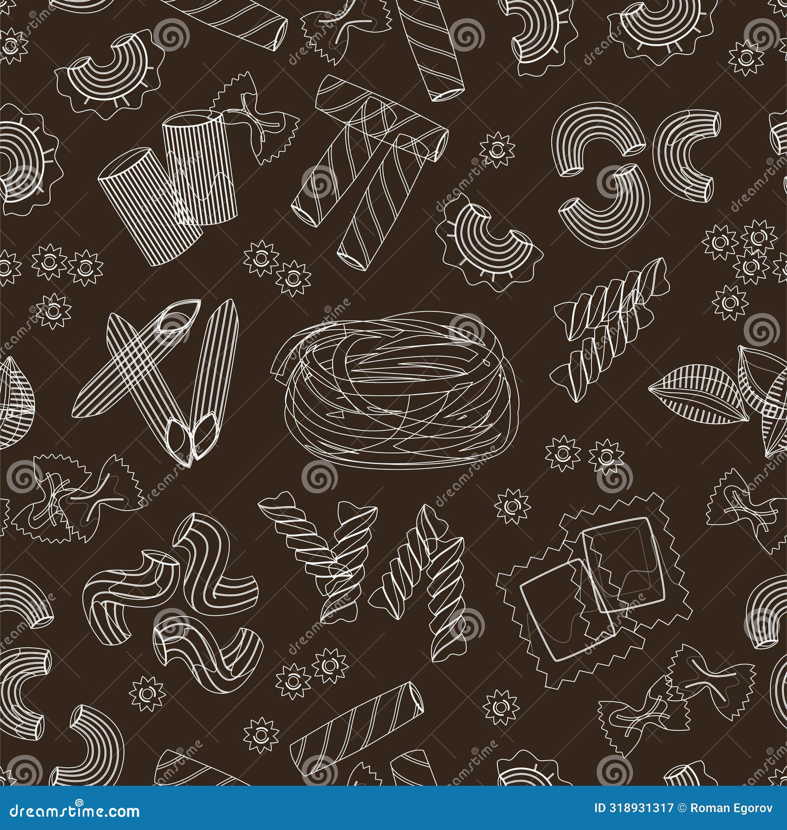 Pasta Pattern. Seamless Texture with White Hand Drawn Macaroni ...