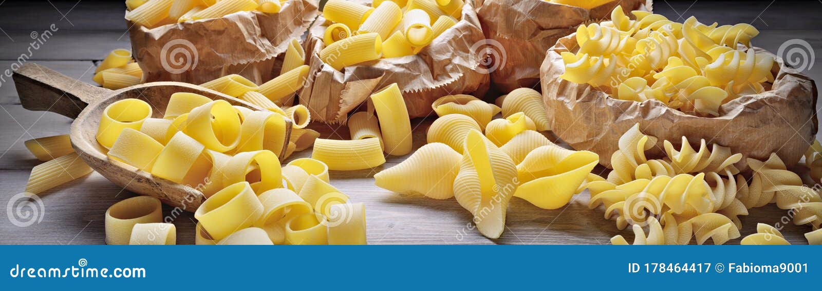 Assortment of Raw Pasta Types: Pens, Shells, Rigatoni, Fusilli and ...