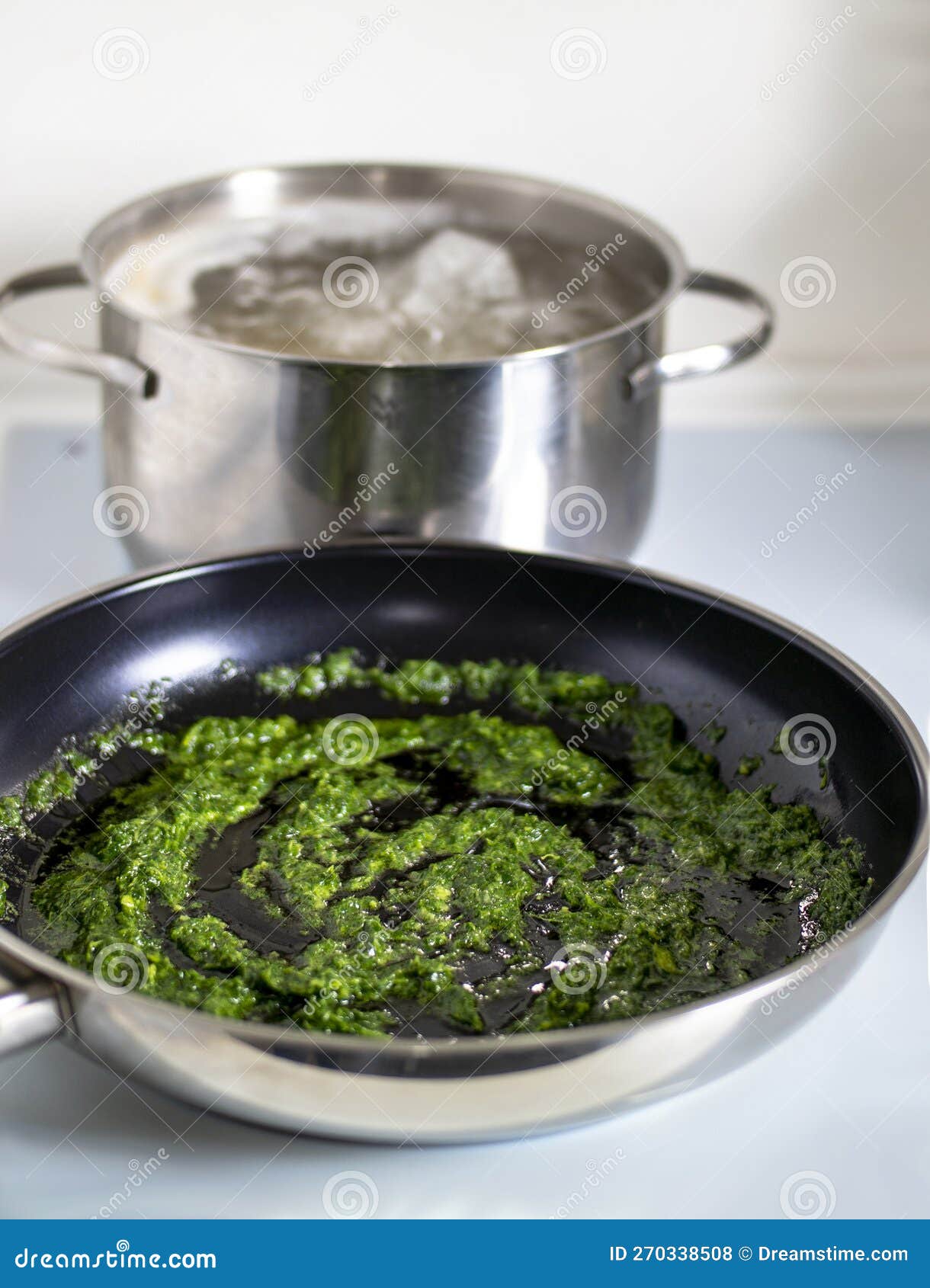 Pasta with Pesto.Cooking Process Step by Step in the Kitchen Stock ...