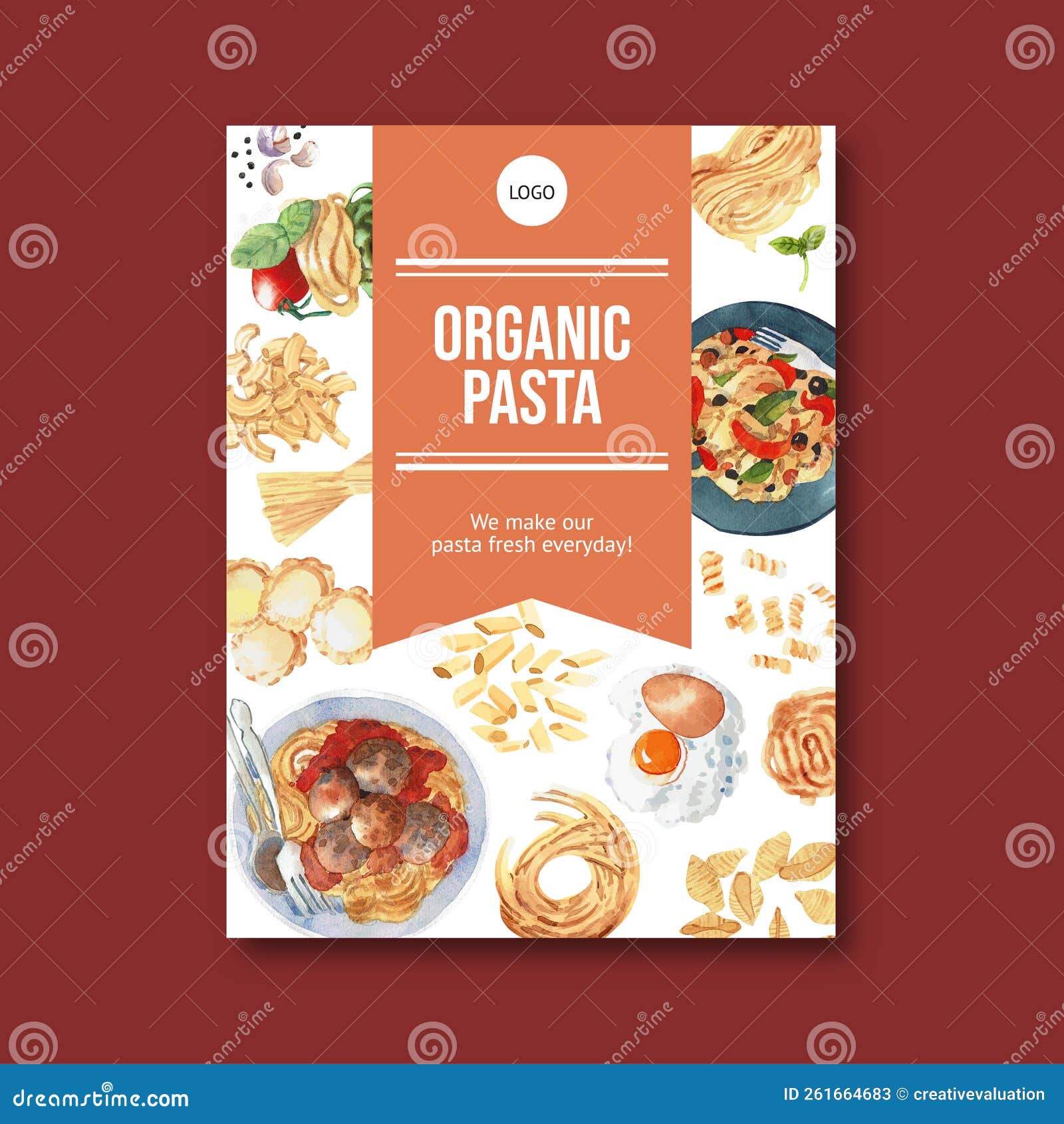 Pasta Poster Design with Egg, Pasta, Tomato Watercolor Illustration ...