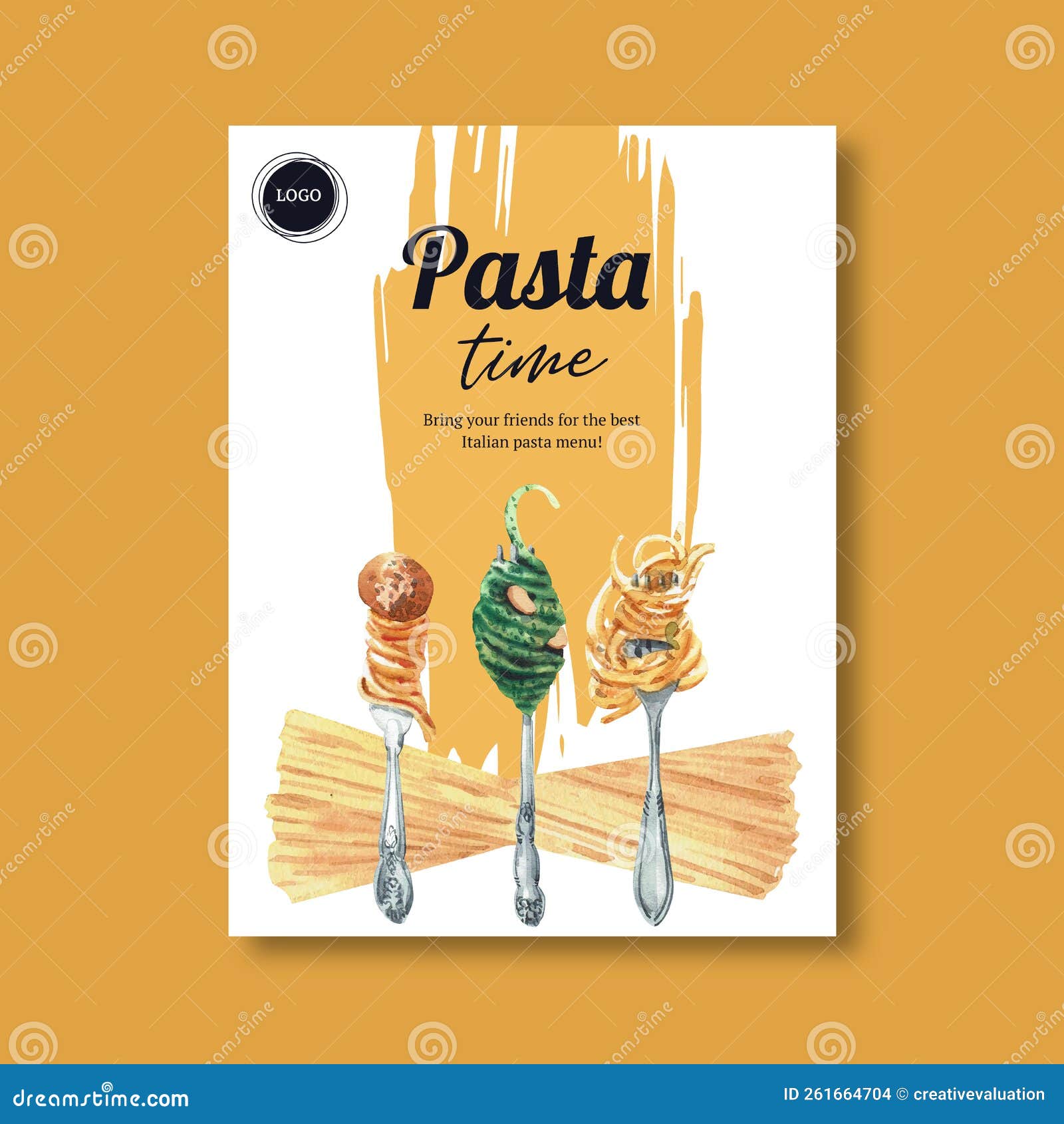Pasta Poster Design with Pasta, Fork Watercolor Illustration Stock ...