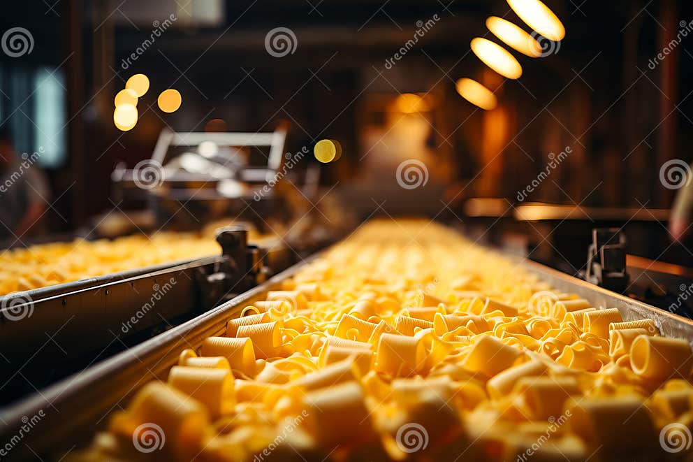 Pasta Producing Process, Various Types of Pasta on Conveyor Belt Stock ...