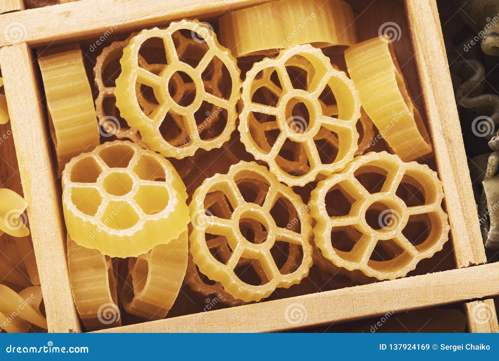 Pasta Round Shape in a Wooden Box Stock Image - Image of wooden ...
