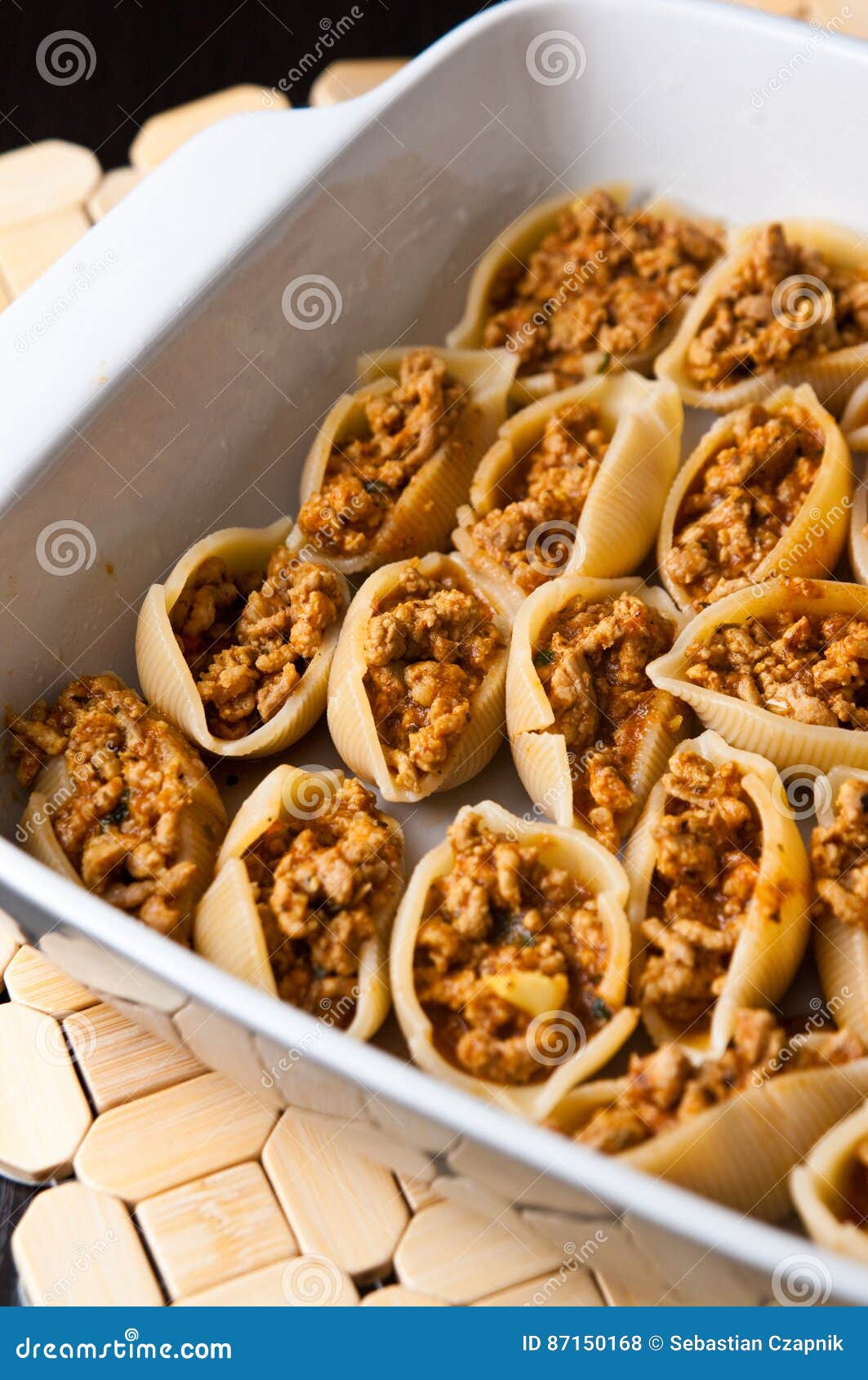 Pasta Shells Conchiglioni Stuffed with Meat Stock Photo - Image of chef ...